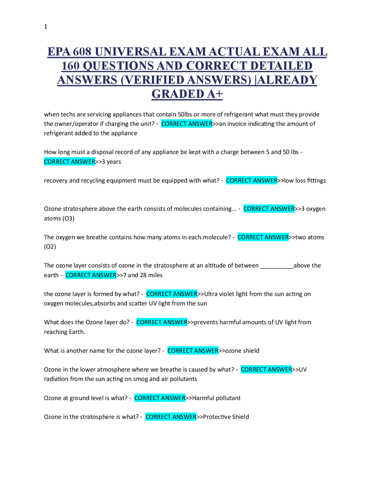 EPA 608 UNIVERSAL EXAM ACTUAL EXAM ALL 160 QUESTIONS AND CORRECT ...