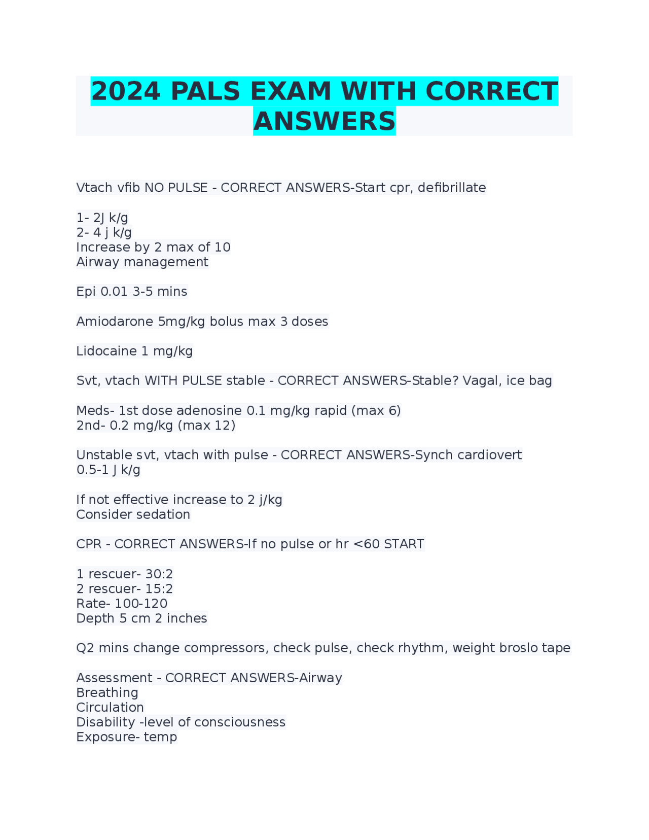 2024 PALS EXAM WITH CORRECT ANSWERS | Exams Advanced Education | Docsity