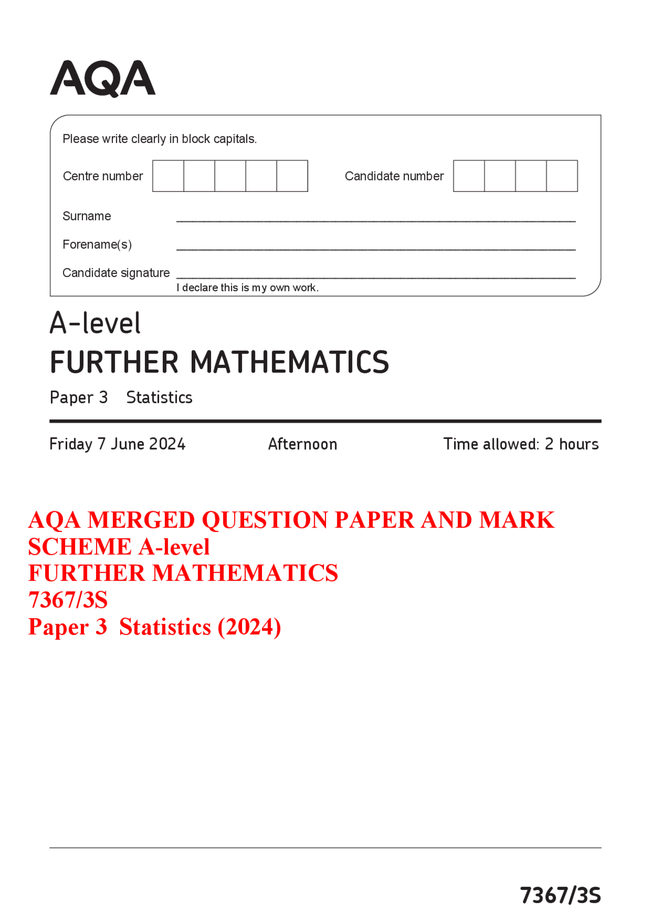 AQA MERGED QUESTION PAPER AND MARK SCHEME A-level FURTHER MATHEMATICS 7367/3S Paper 3 2024 ...