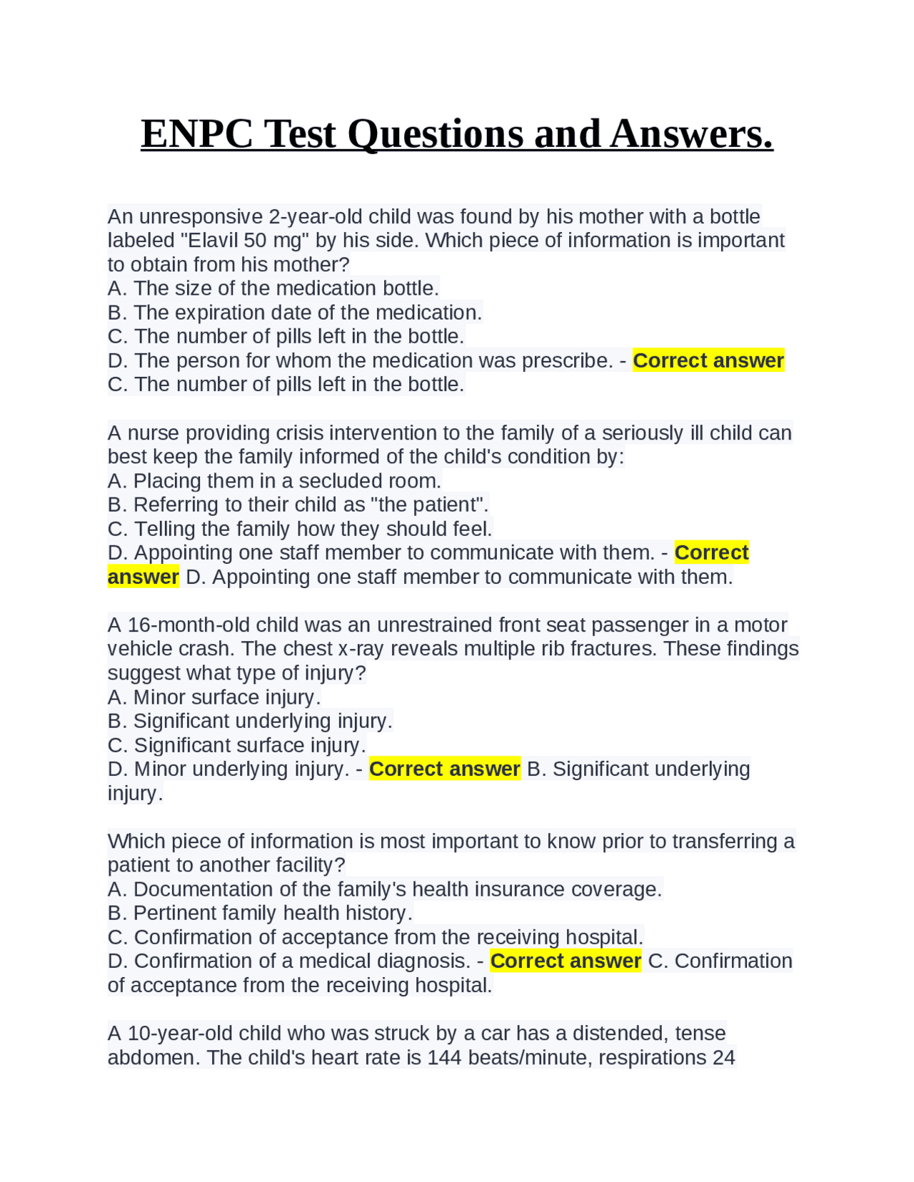 ENPC Test Questions and Answers. | Exams Nursing | Docsity