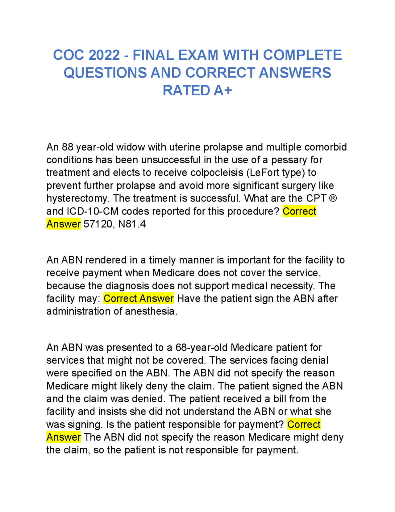 COC 2022 - FINAL EXAM WITH COMPLETE QUESTIONS AND CORRECT ANSWERS RATED ...