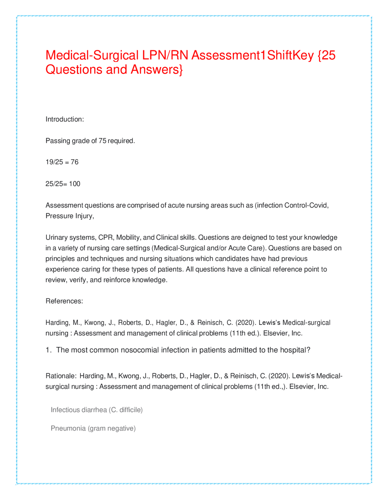 Medical-Surgical LPN/RN Assessment 1ShiftKey {25 Questions and Answers ...