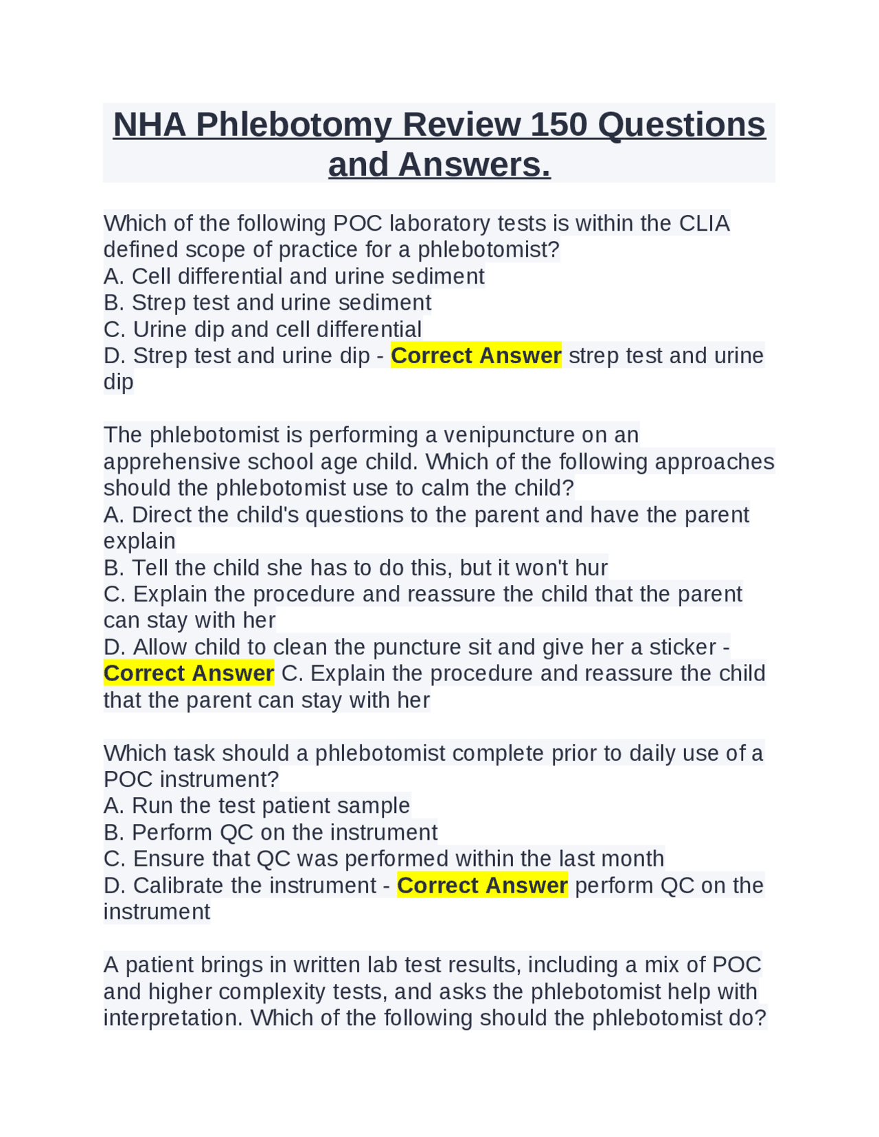 NHA Phlebotomy Review 150 Questions and Answers. | Exams Nursing | Docsity