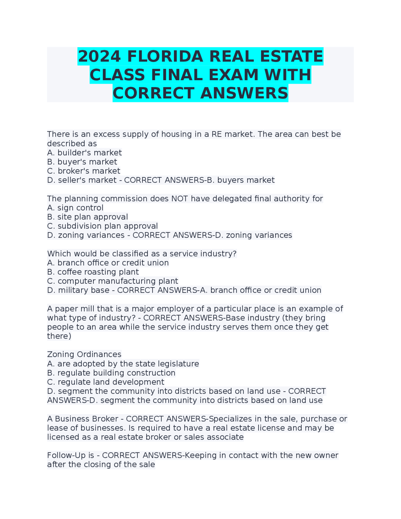 2024 FLORIDA REAL ESTATE CLASS FINAL EXAM WITH CORRECT ANSWERS | Exams ...