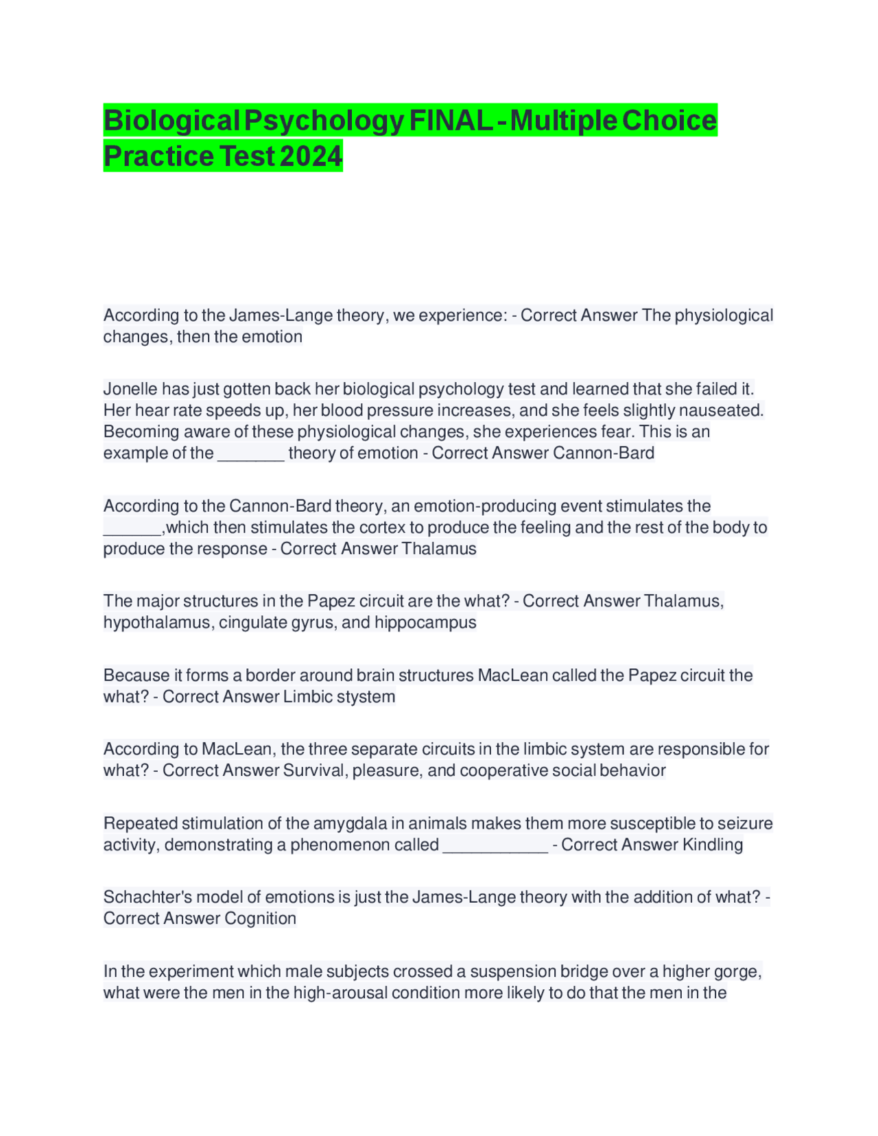 Biological Psychology FINAL - Multiple Choice Practice Test 2024 ...