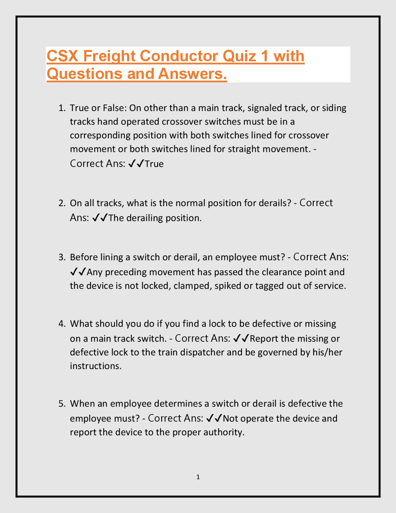 CSX Freight Conductor Quiz 1 with Questions and Answers. | Exams ...