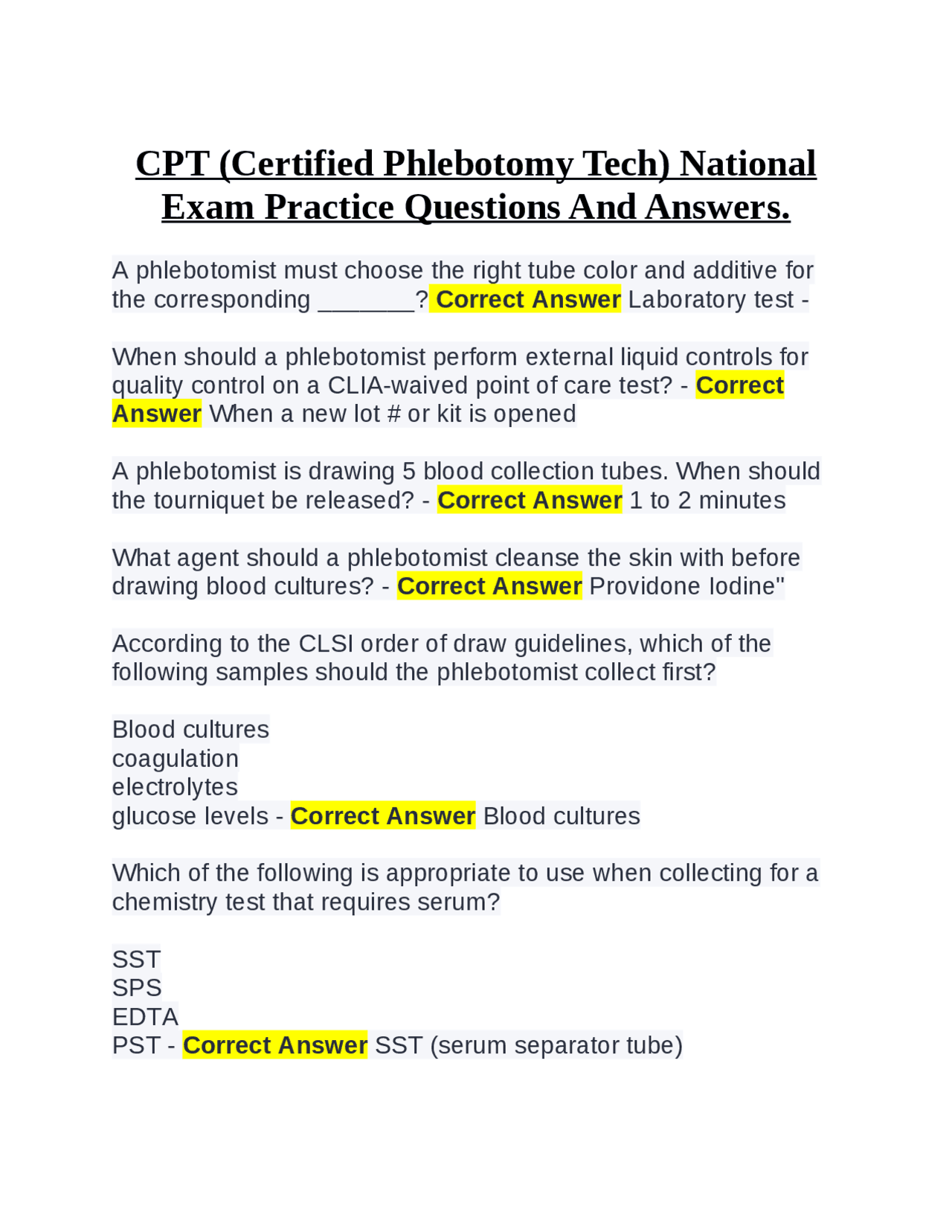 CPT (Certified Phlebotomy Tech) National Exam Practice Questions and ...
