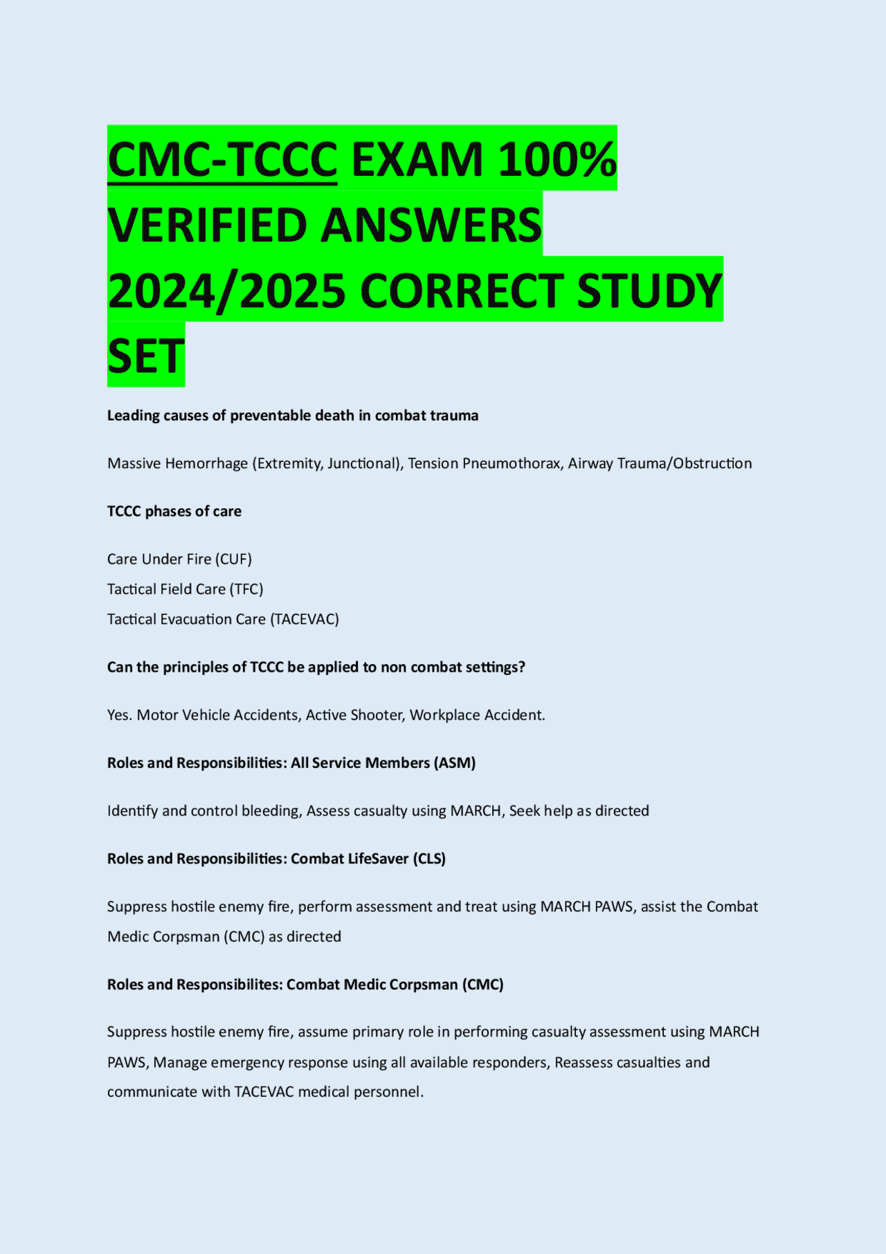 CMC-TCCC EXAM 100% VERIFIED ANSWERS 2024/2025 CORRECT STUDY SET | Exams ...