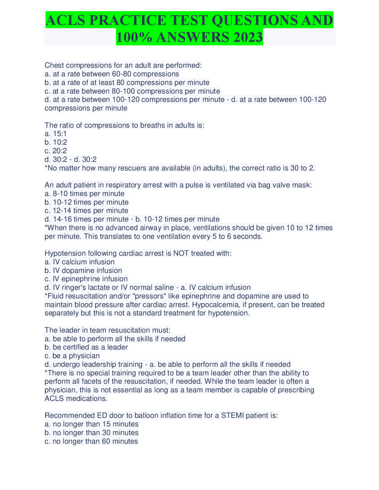ACLS PRACTICE TEST QUESTIONS AND 100% ANSWERS 2023 | Exams Advanced ...