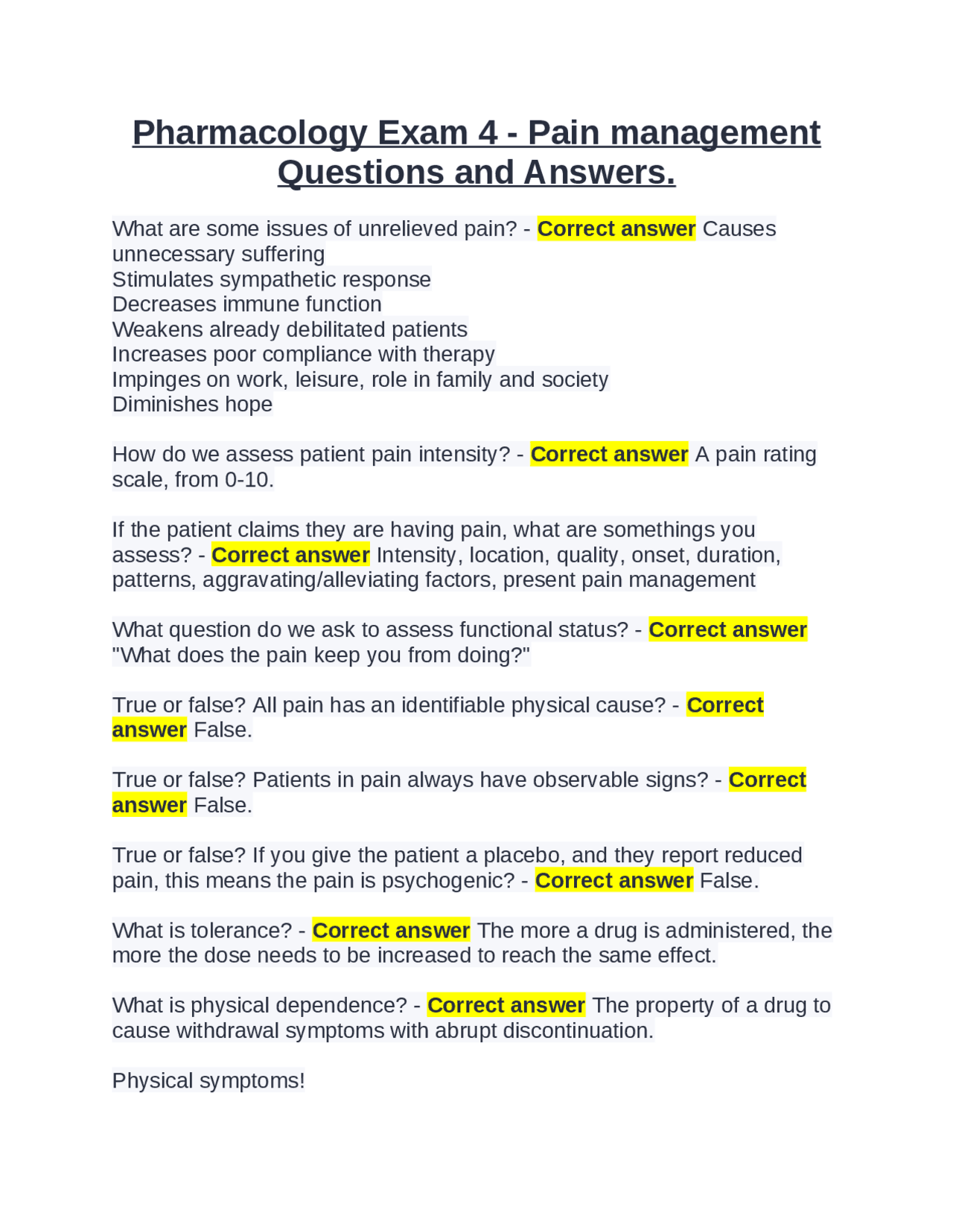 Pharmacology Exam 4 - Pain management Questions and Answers. | Exams ...