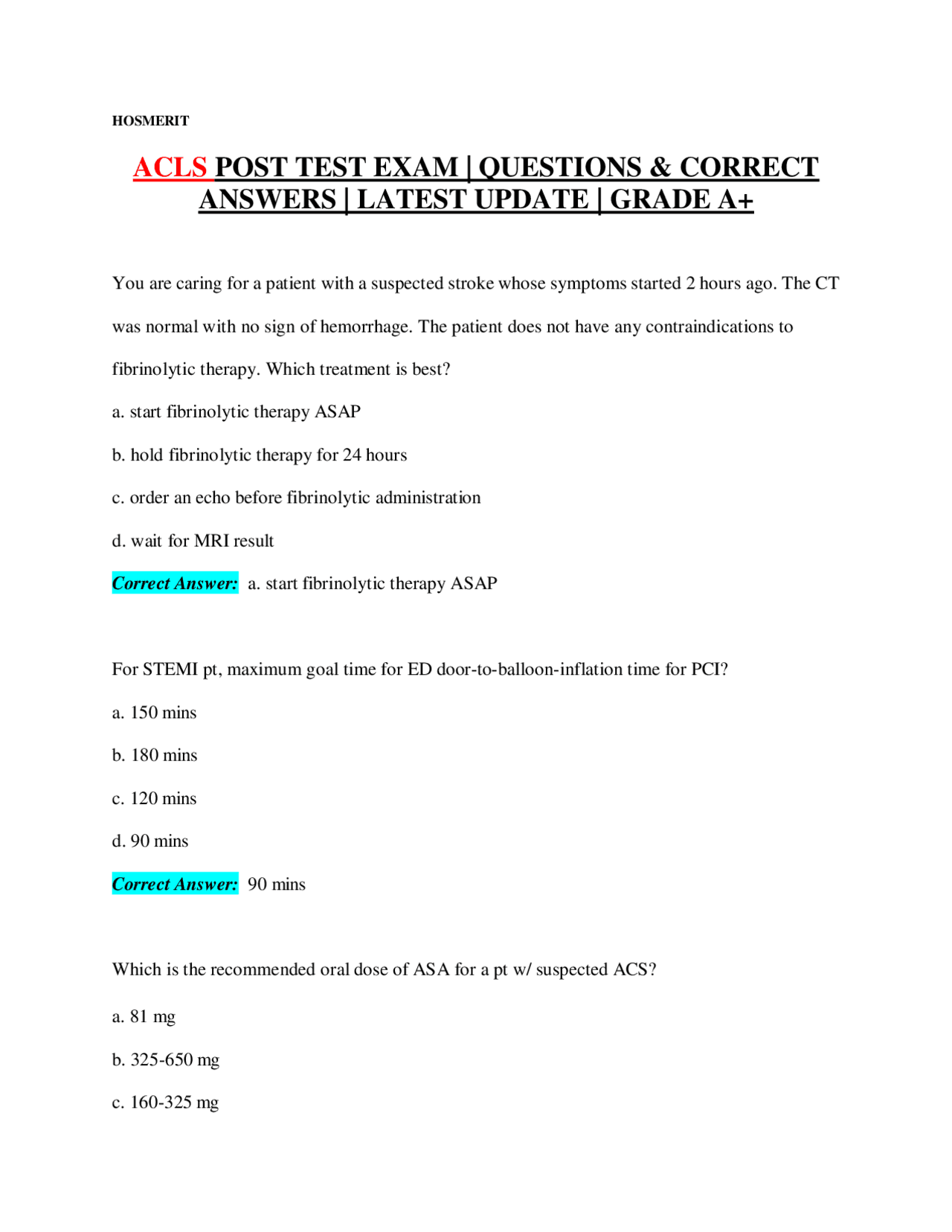 ACLS POST TEST EXAM | QUESTIONS & CORRECT ANSWERS | LATEST UPDATE ...