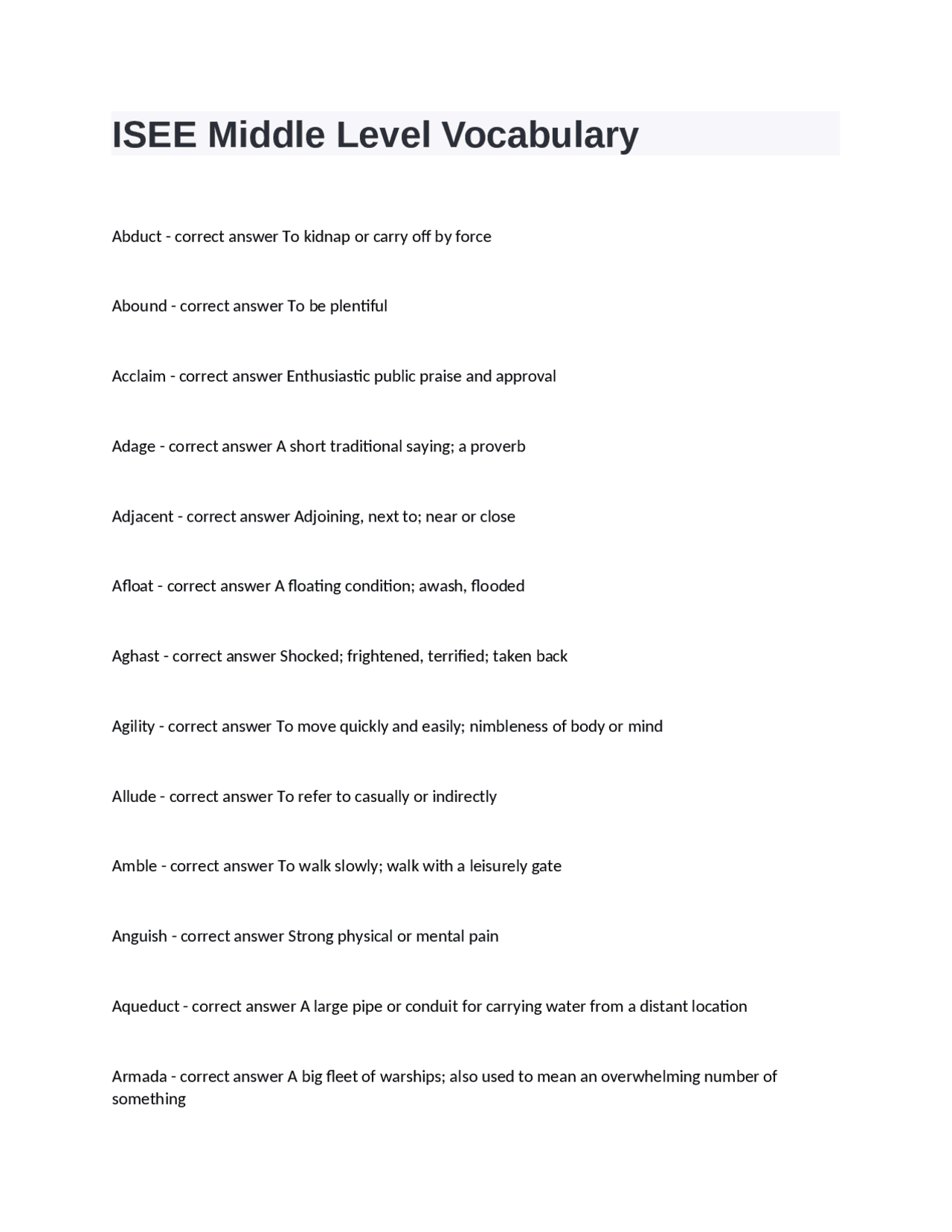 ISEE Middle Level Vocabulary Exam Questions With Guaranteed Answers ...