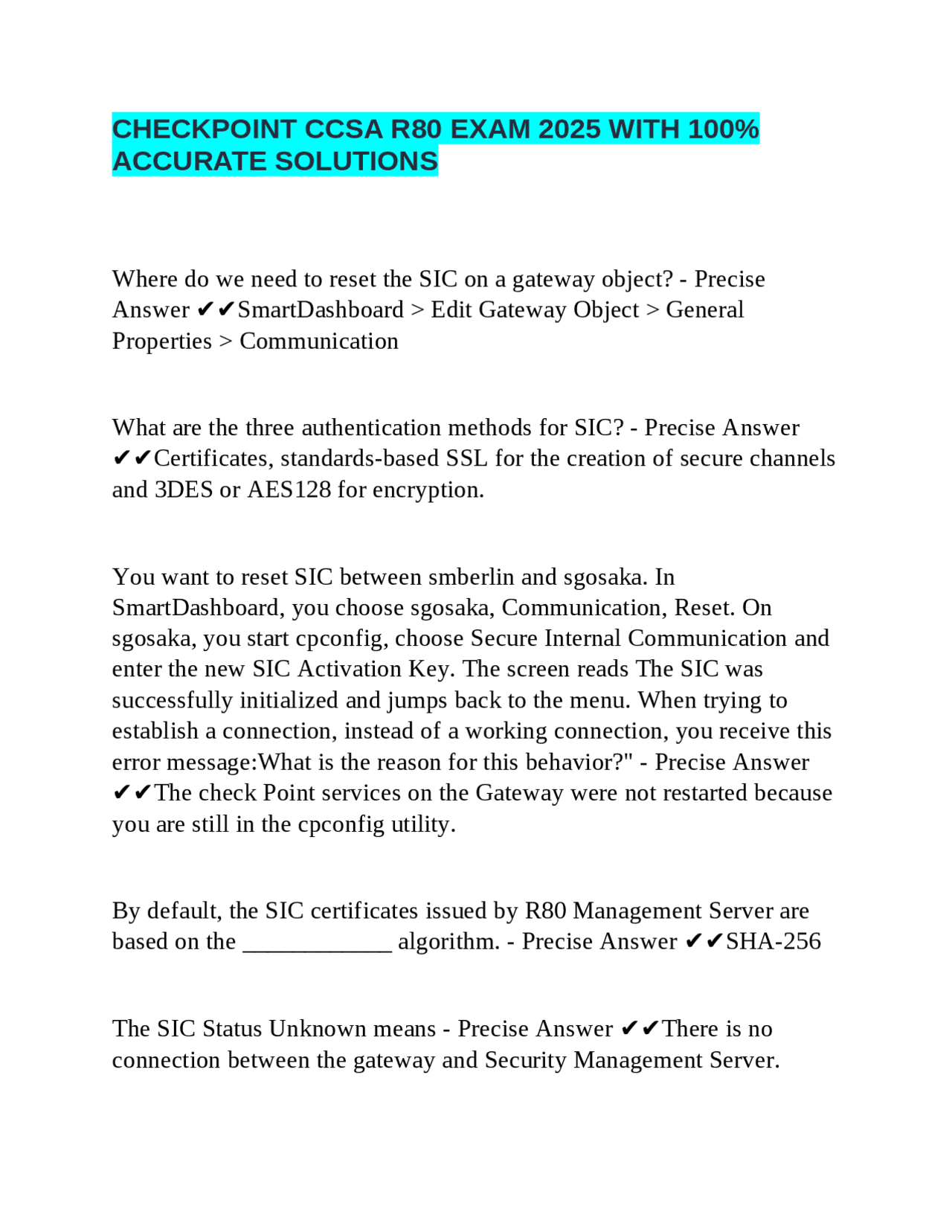 CHECKPOINT CCSA R80 EXAM 2025 WITH 100% ACCURATE SOLUTIONS | Exams Nursing | Docsity