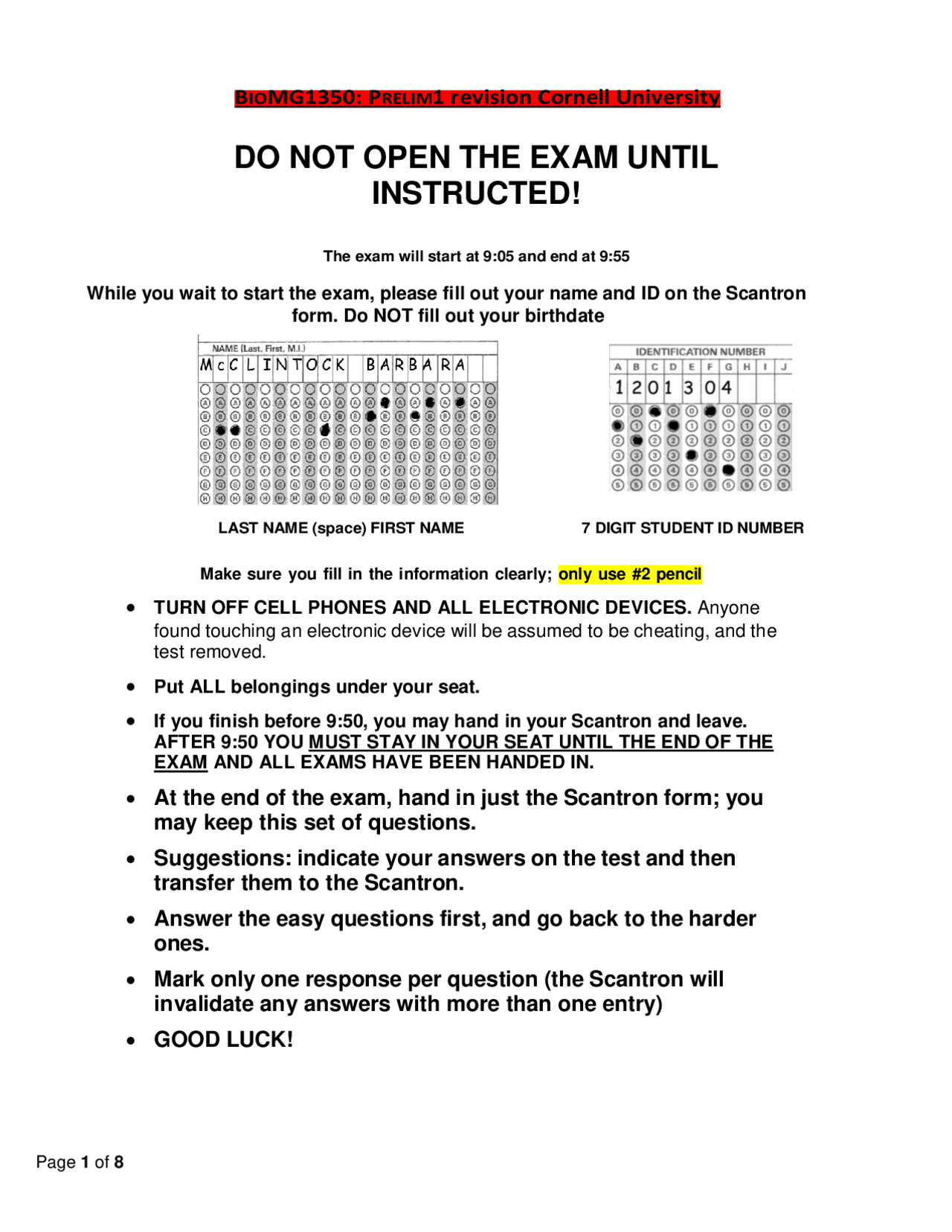 BIOMG1350 PRELIM1 revision Cornell University | Exams Advanced Education | Docsity