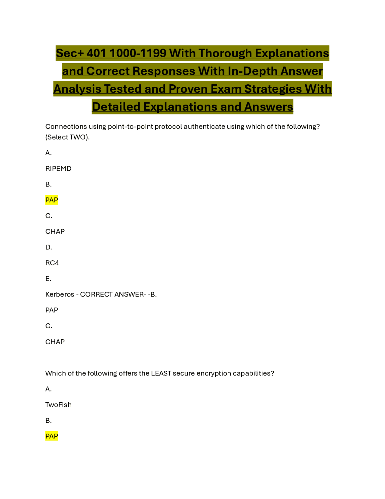 Sec+ 401 Exam Preparation: Multiple Choice Questions and Answers | Exams Computer Networks | Docsity