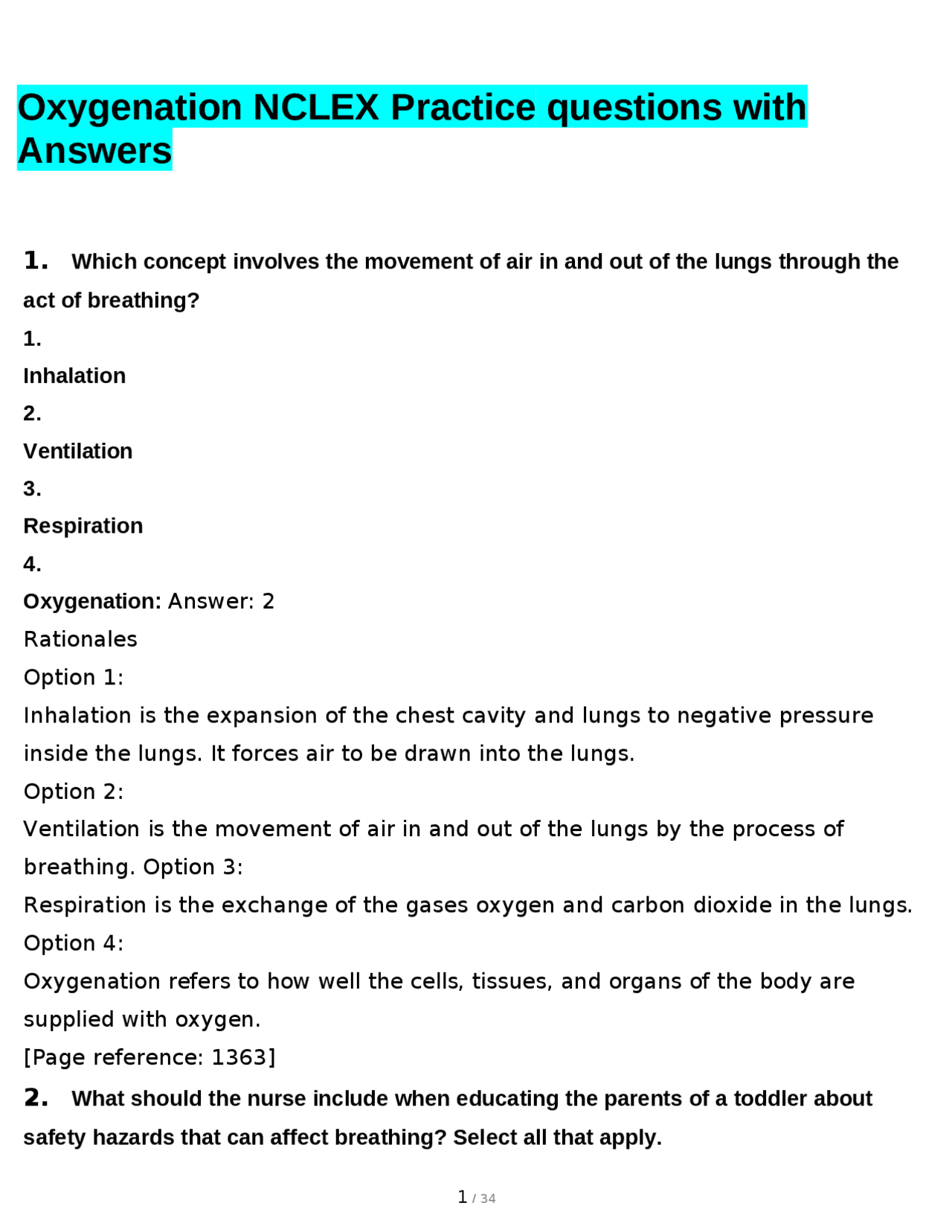Oxygenation Nclex Practice Questions With Answers Exams Nursing Docsity