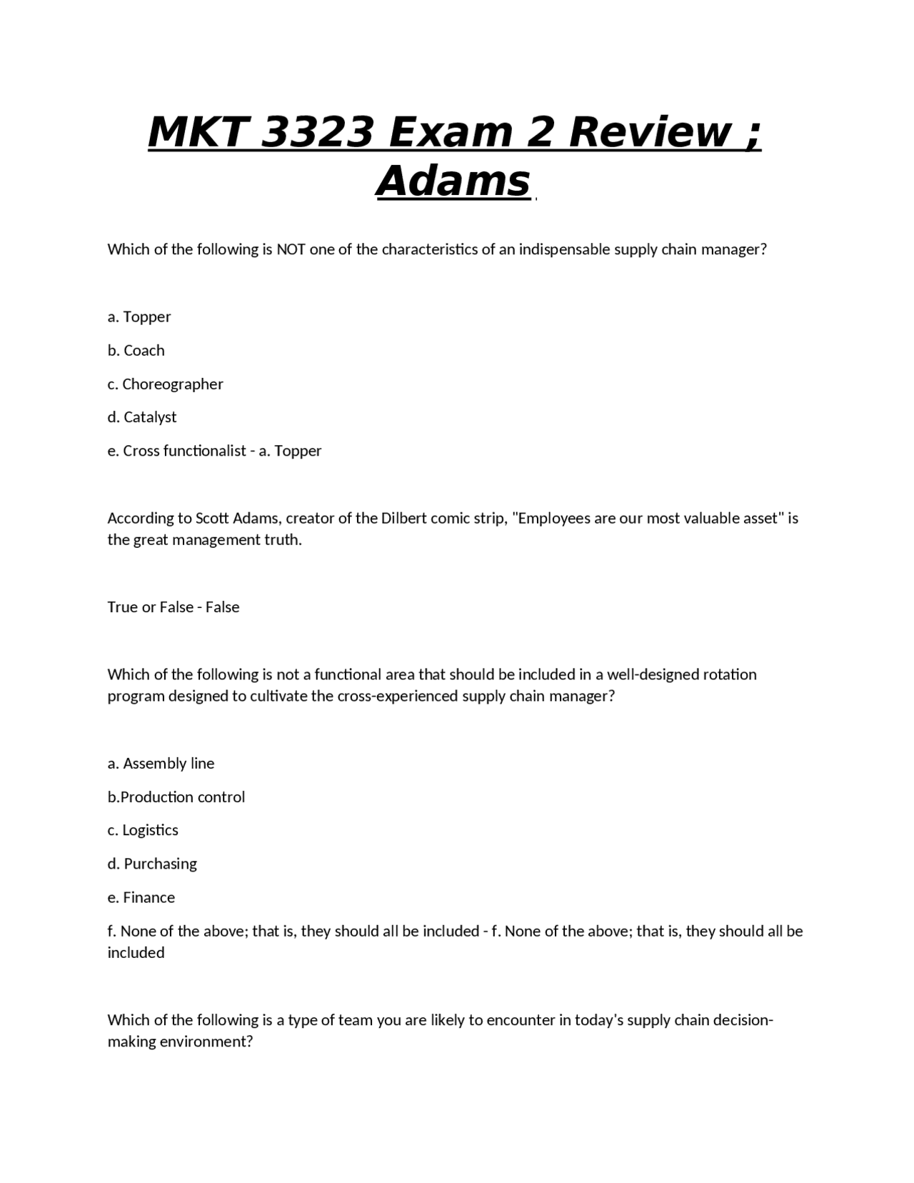 MKT 3323 Exam 2 Review ; Adams | Exams Advanced Education | Docsity