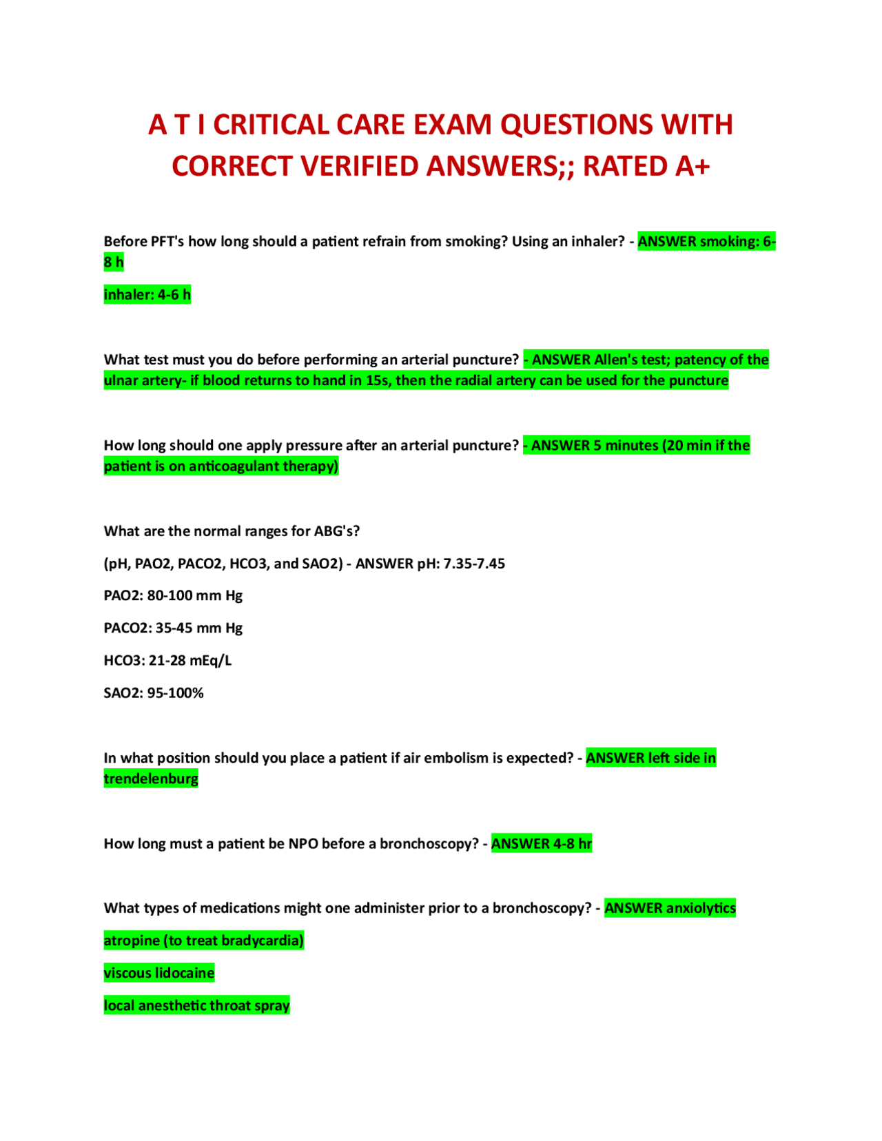 A T I CRITICAL CARE EXAM QUESTIONS WITH CORRECT VERIFIED ANSWERS ...