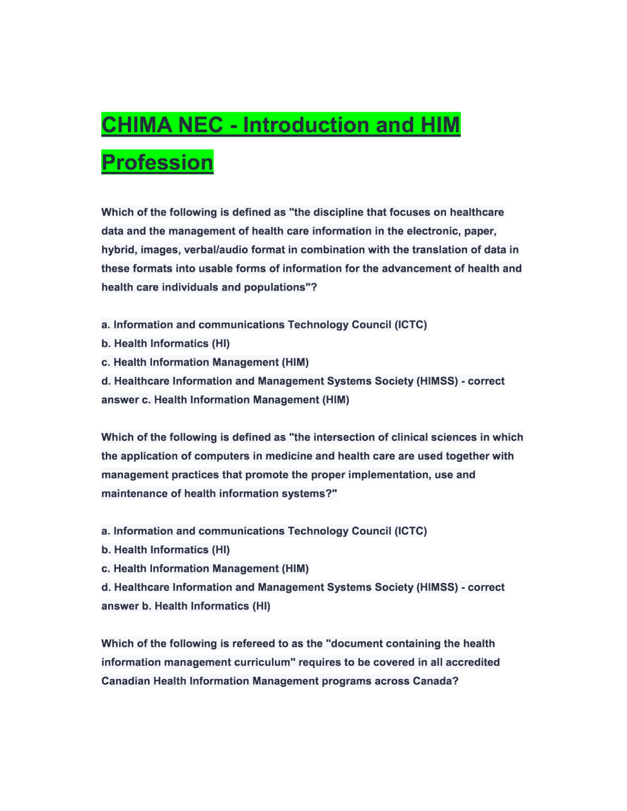 CHIMA NEC - Introduction and HIM.pdf | Exams Nursing | Docsity