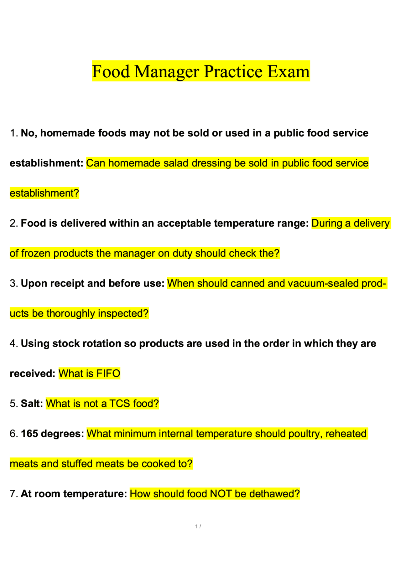 Food Manager Practice Exam | Exams Managerial Economics | Docsity