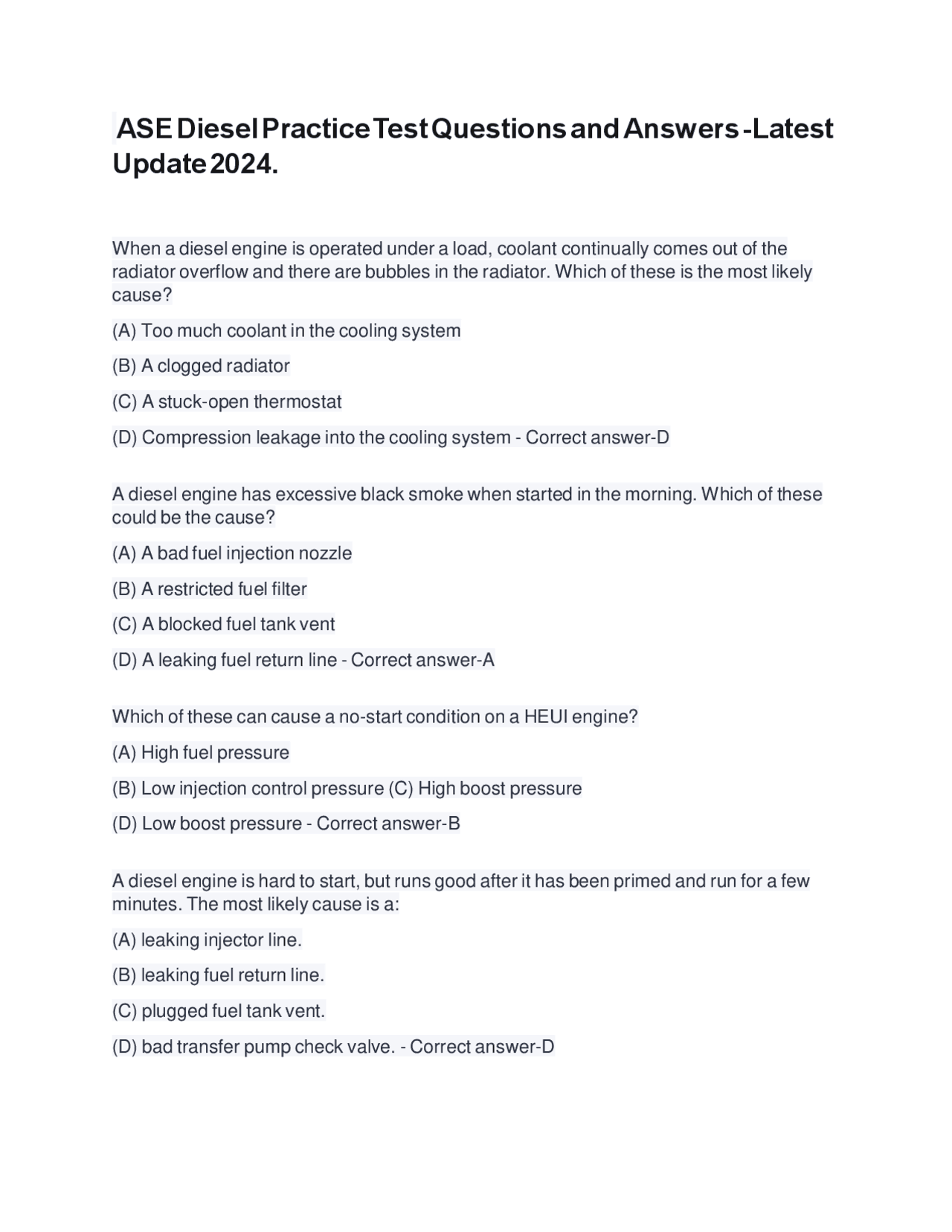 ASE Diesel Practice Test Questions and Answers -Latest Update 2024 ...