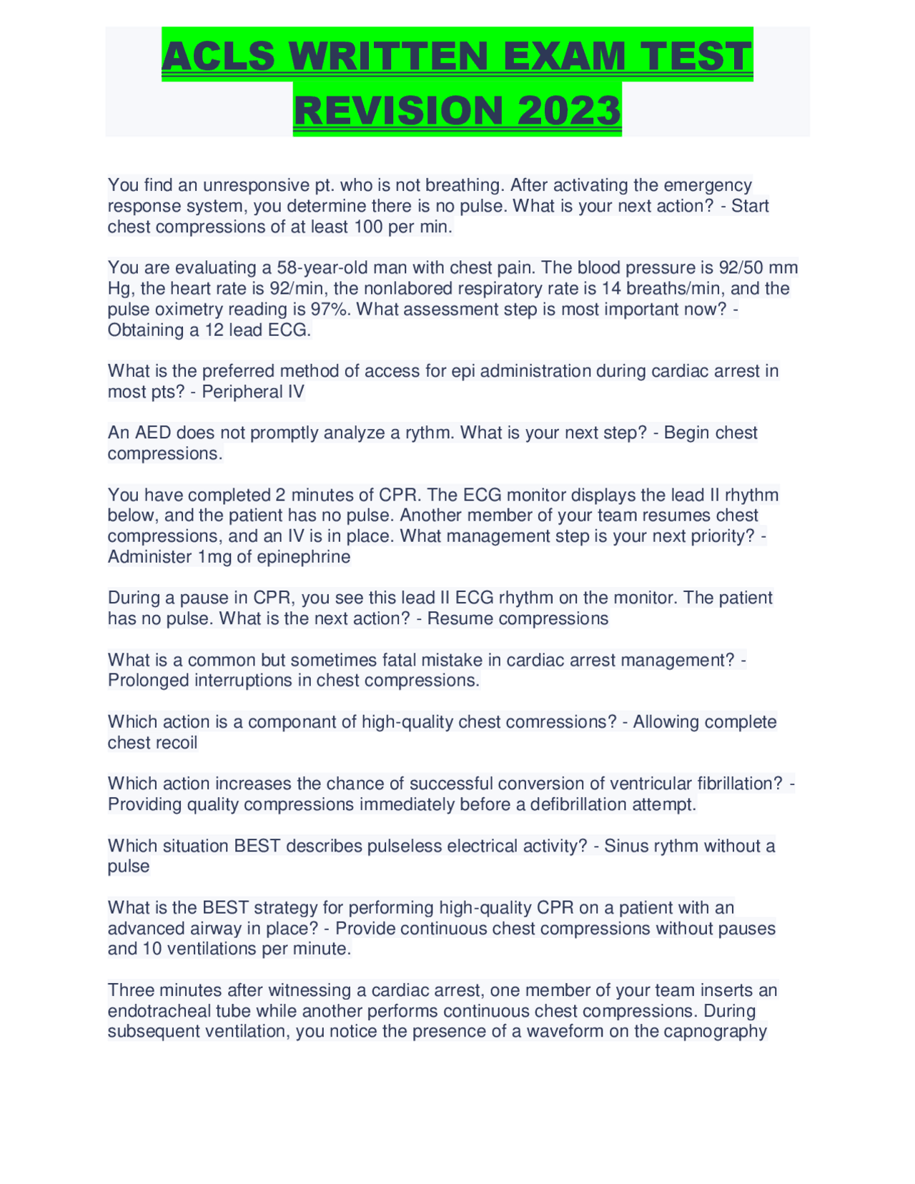 ACLS WRITTEN EXAM TEST REVISION 2024 | Exams Advanced Education | Docsity