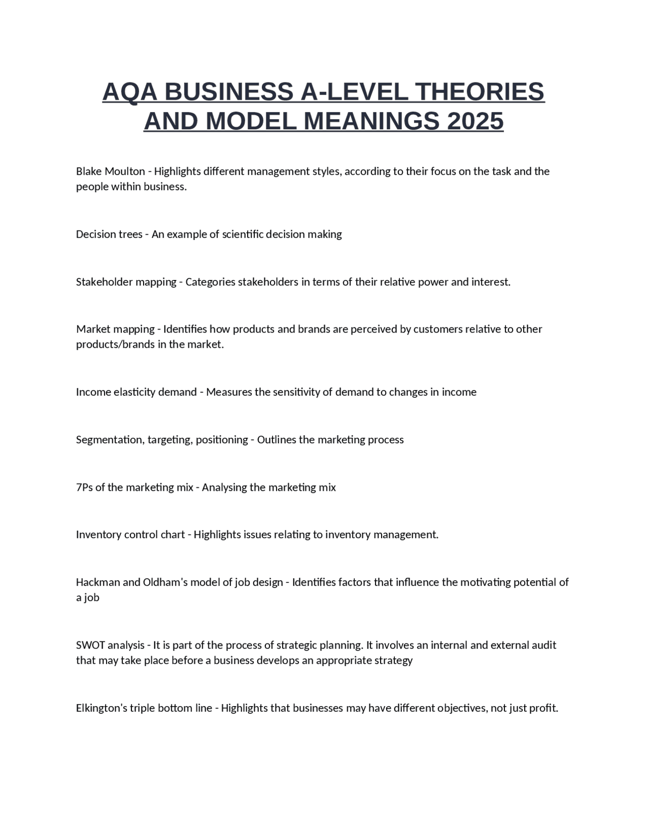 AQA BUSINESS A-LEVEL THEORIES AND MODEL MEANINGS 2025 | Exams Advanced ...