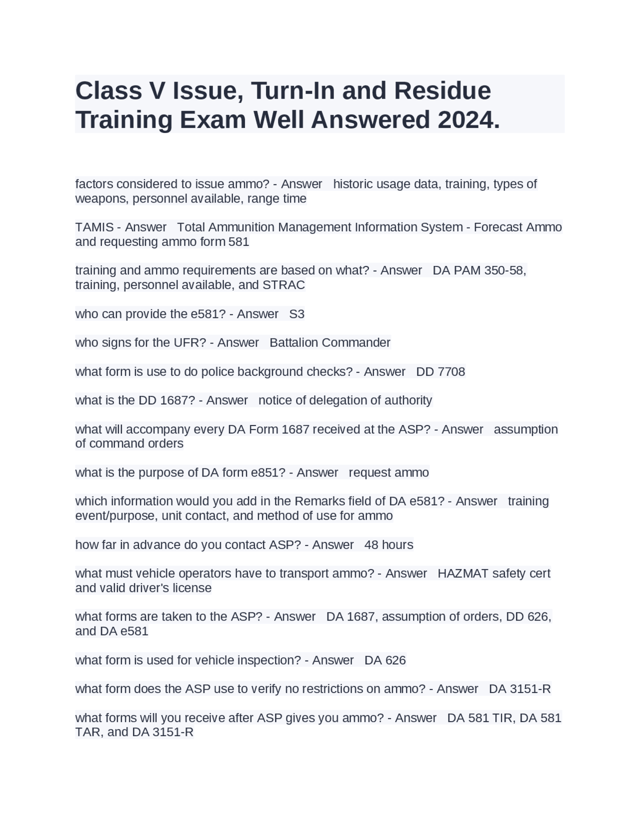 Class V Issue, Turn-In and Residue Training Exam Well Answered 2024. | Exams Nursing | Docsity