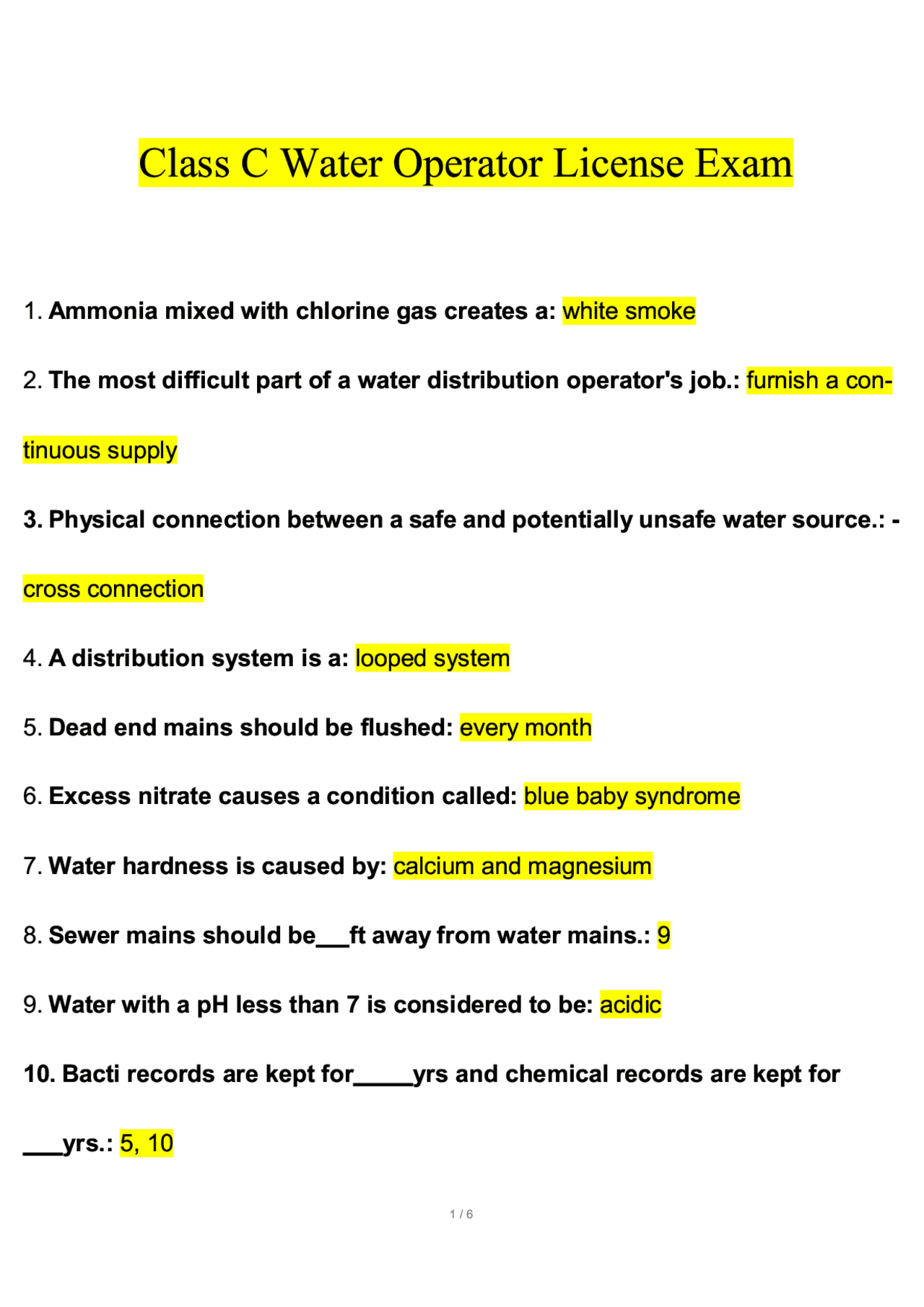 Class C Water Operator License Exam | Exams Classical Mechanics | Docsity