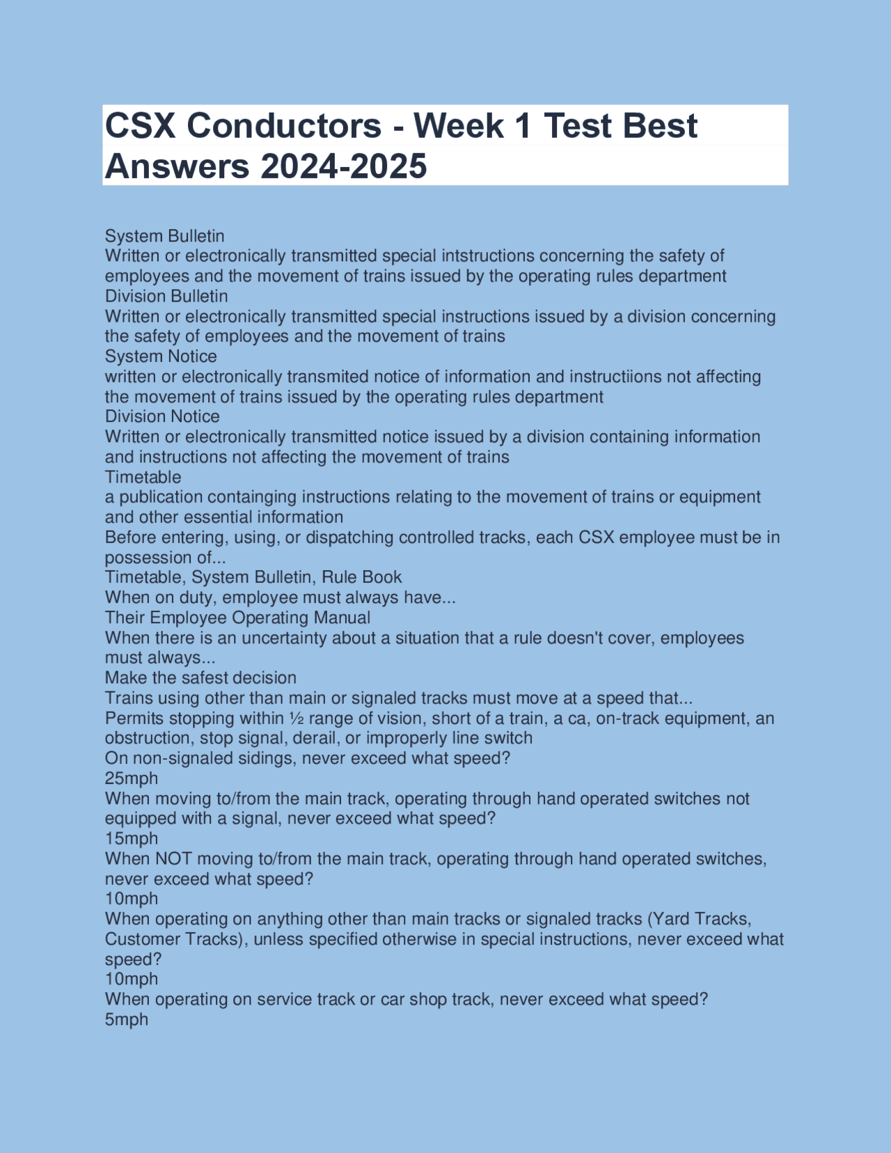 CSX Conductors - Week 1 Test Best Answers 2024-2025 | Exams Physiology ...