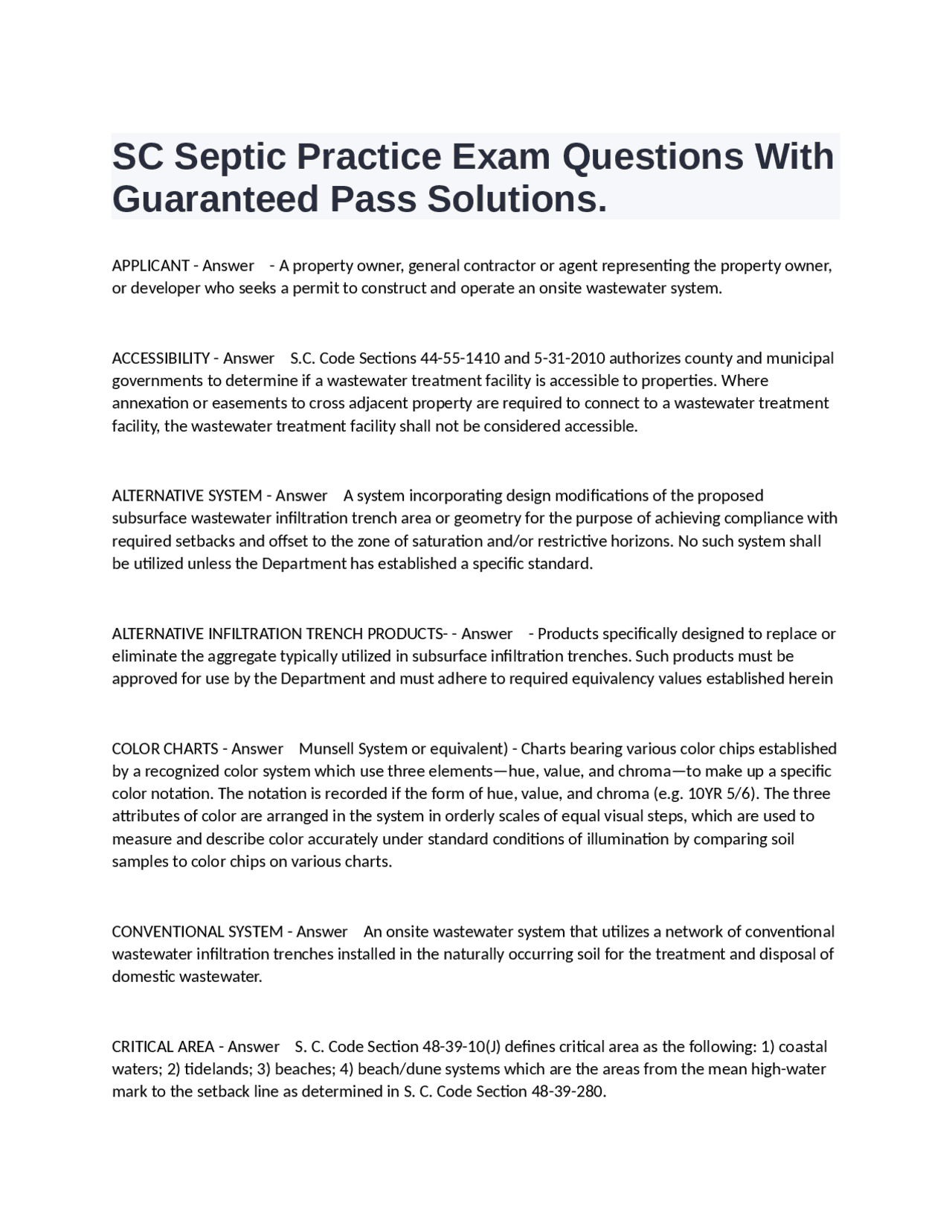 SC Septic Practice Exam Questions With Guaranteed Pass Solutions ...