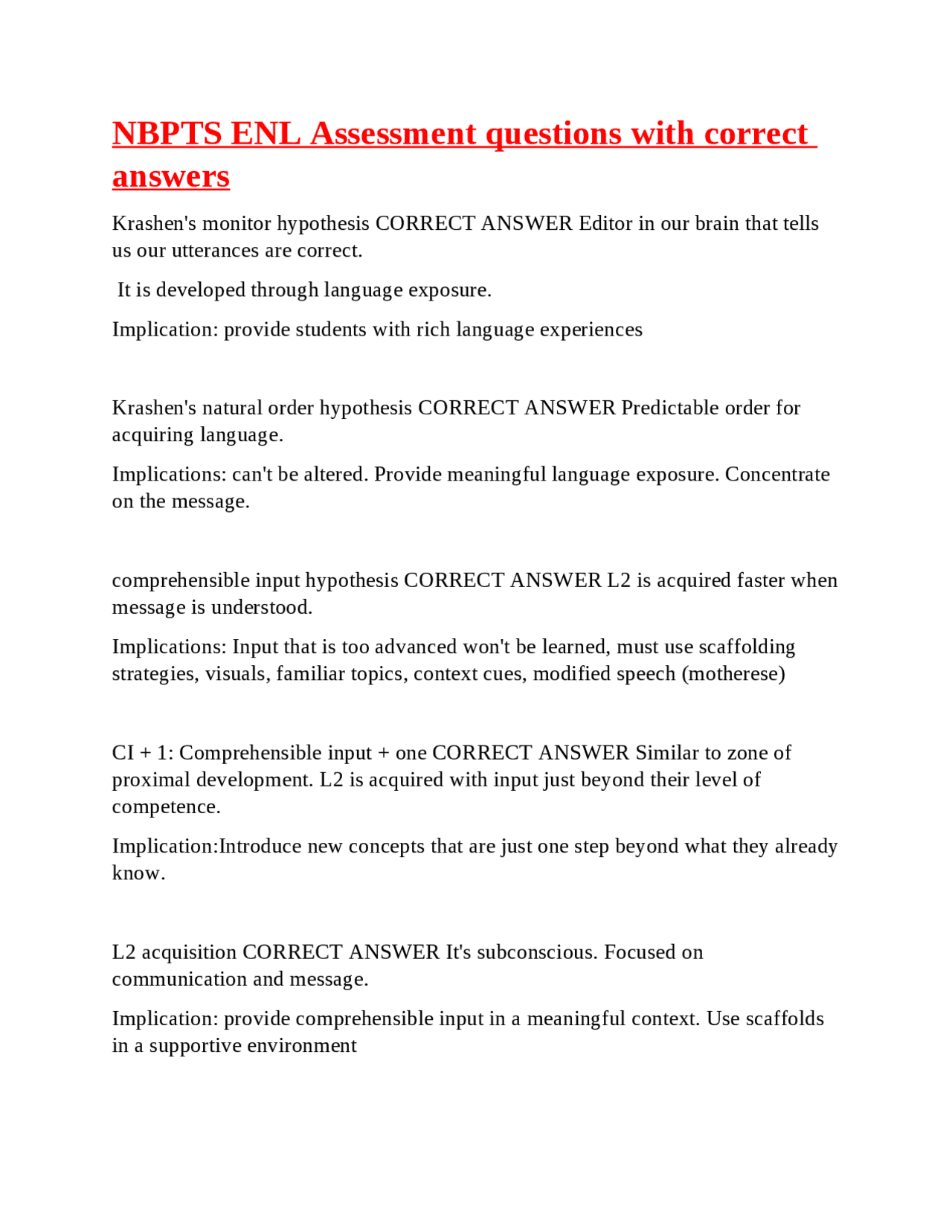 NBPTS ENL Assessment questions with correct answers | Exams Law | Docsity