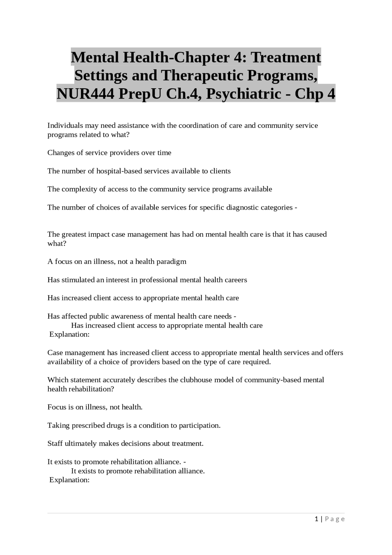 Mental Health-Chapter 4 Treatment Settings and Therapeutic Programs ...