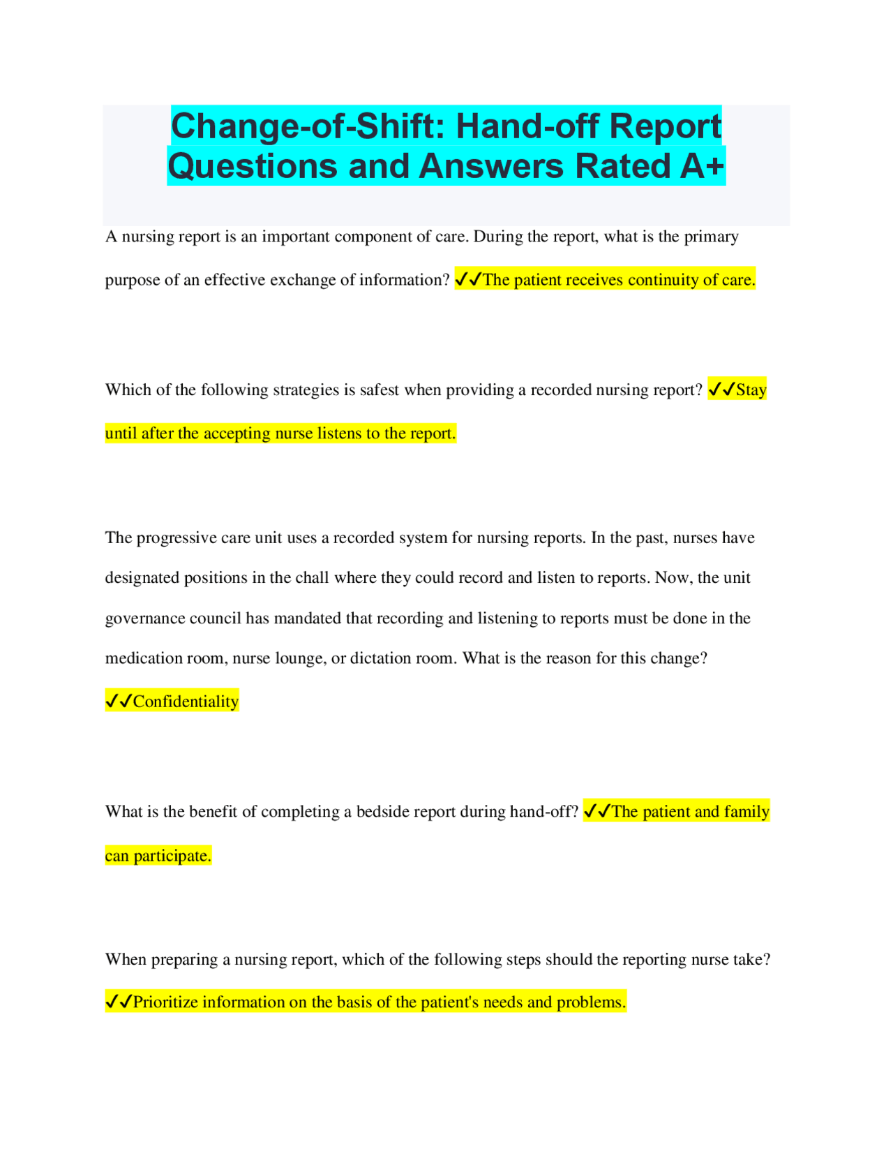 Change-of-Shift: Hand-off Report Questions and Answers Rated A+ | Exams ...