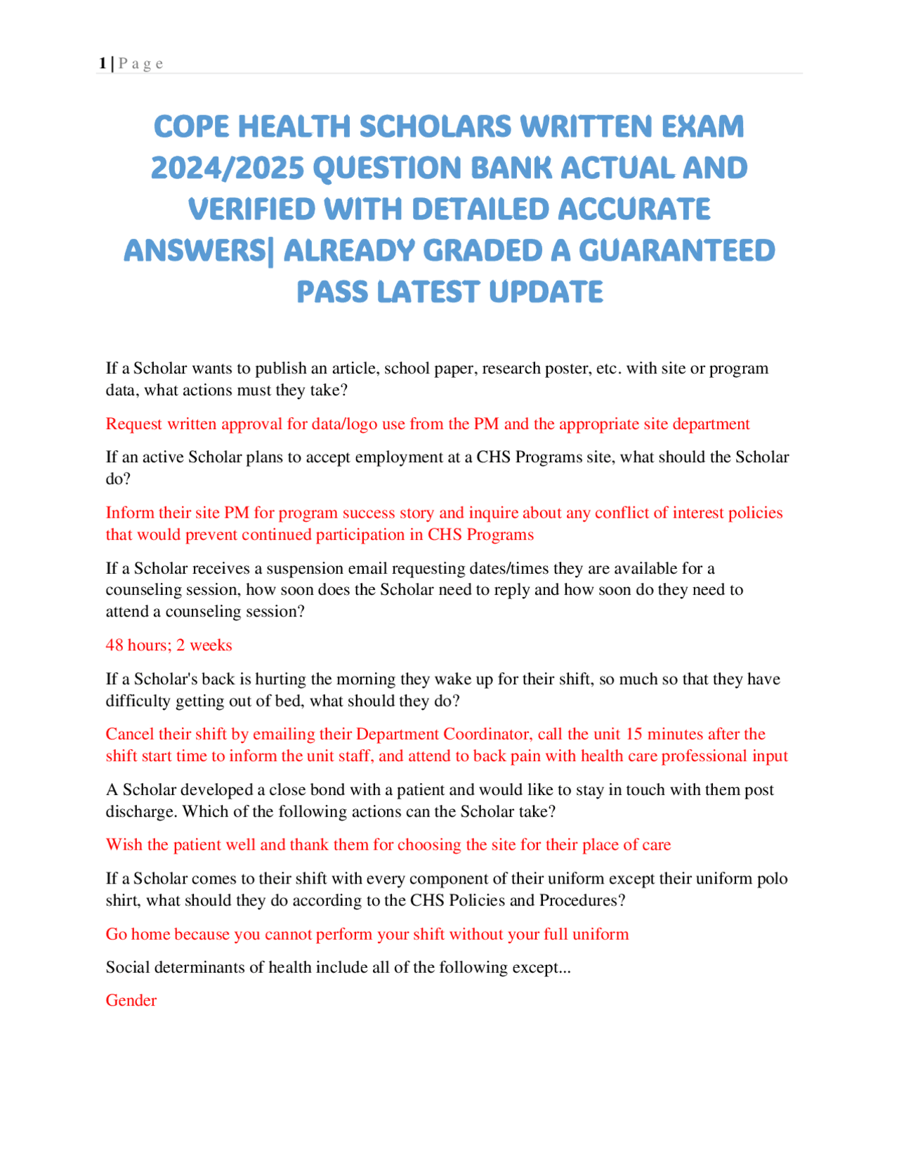 COPE HEALTH SCHOLARS WRITTEN EXAM 2024/2025 QUESTION BANK ACTUAL AND VERIFIED | Exams Nursing ...