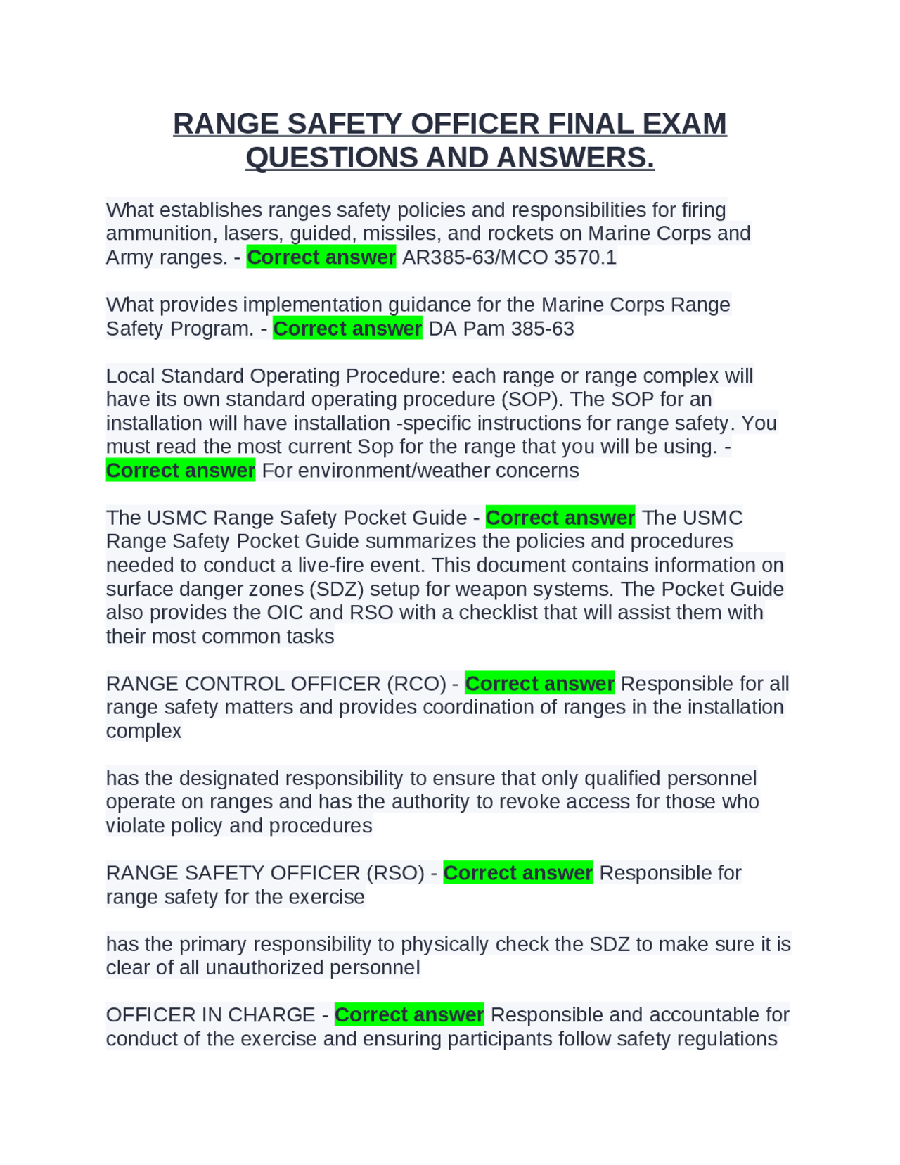 RANGE SAFETY OFFICER FINAL EXAM QUESTIONS AND ANSWERS. | Exams Military ...