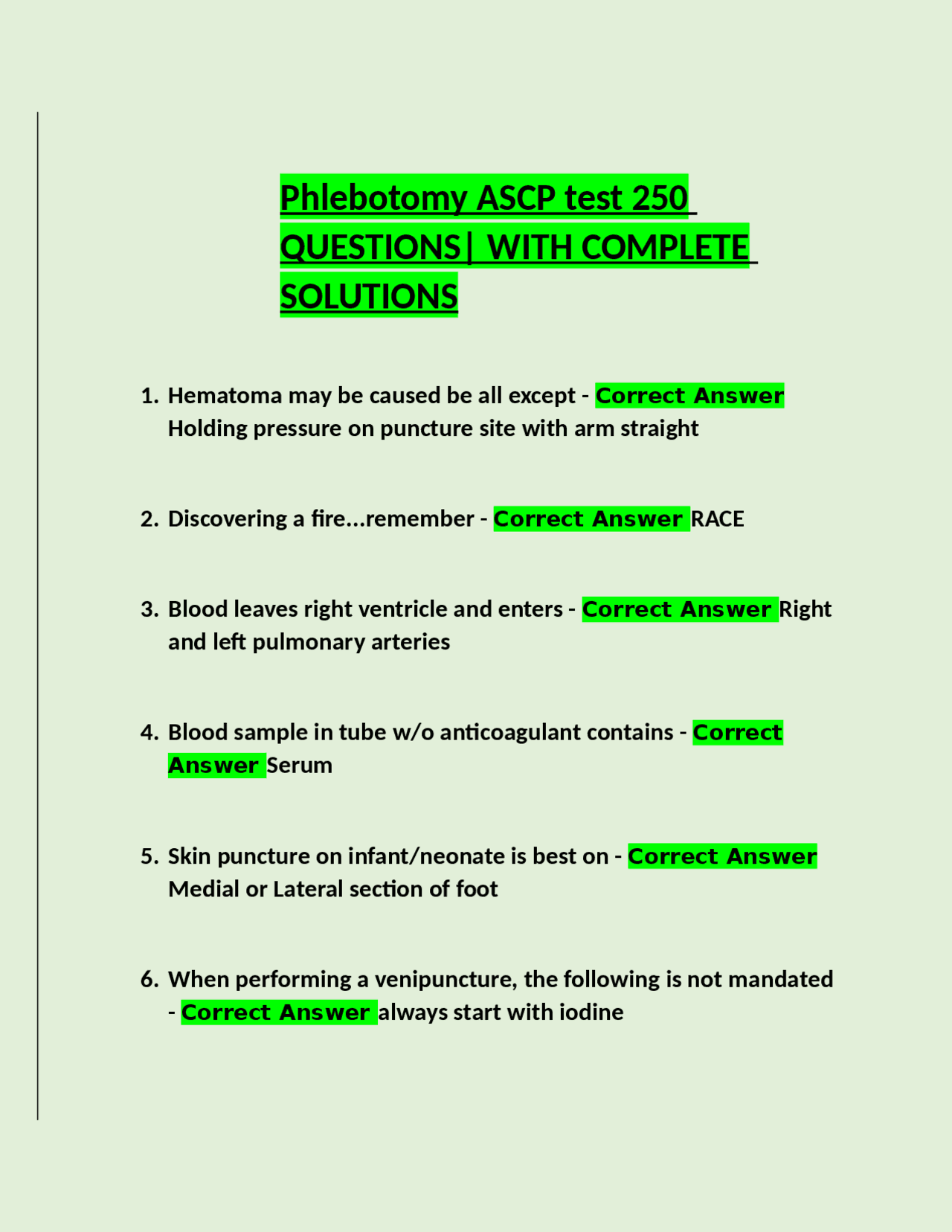 Phlebotomy ASCP test 250 QUESTIONS| WITH COMPLETE SOLUTIONS | Exams ...