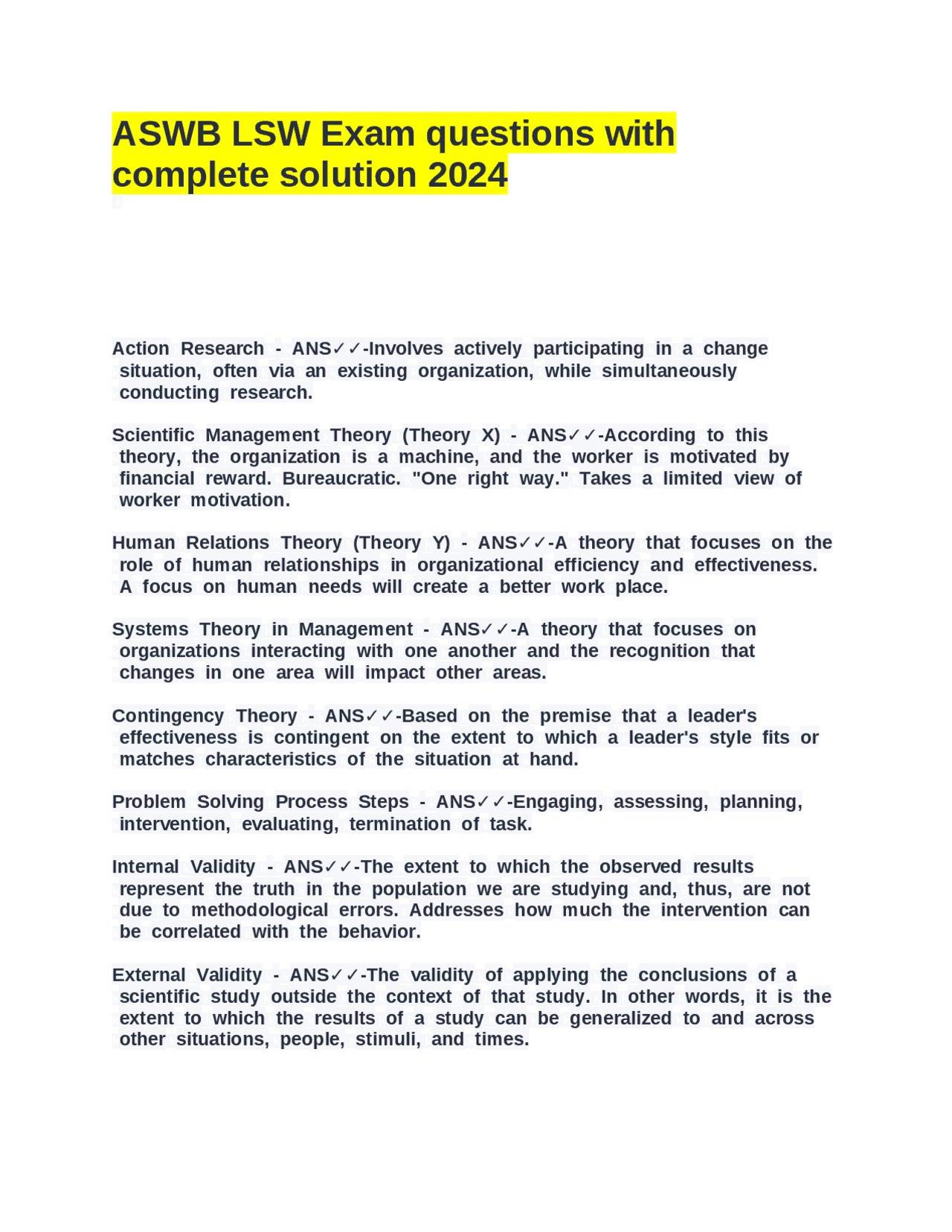ASWB LSW Exam questions with complete solution 2024. | Exams Social ...