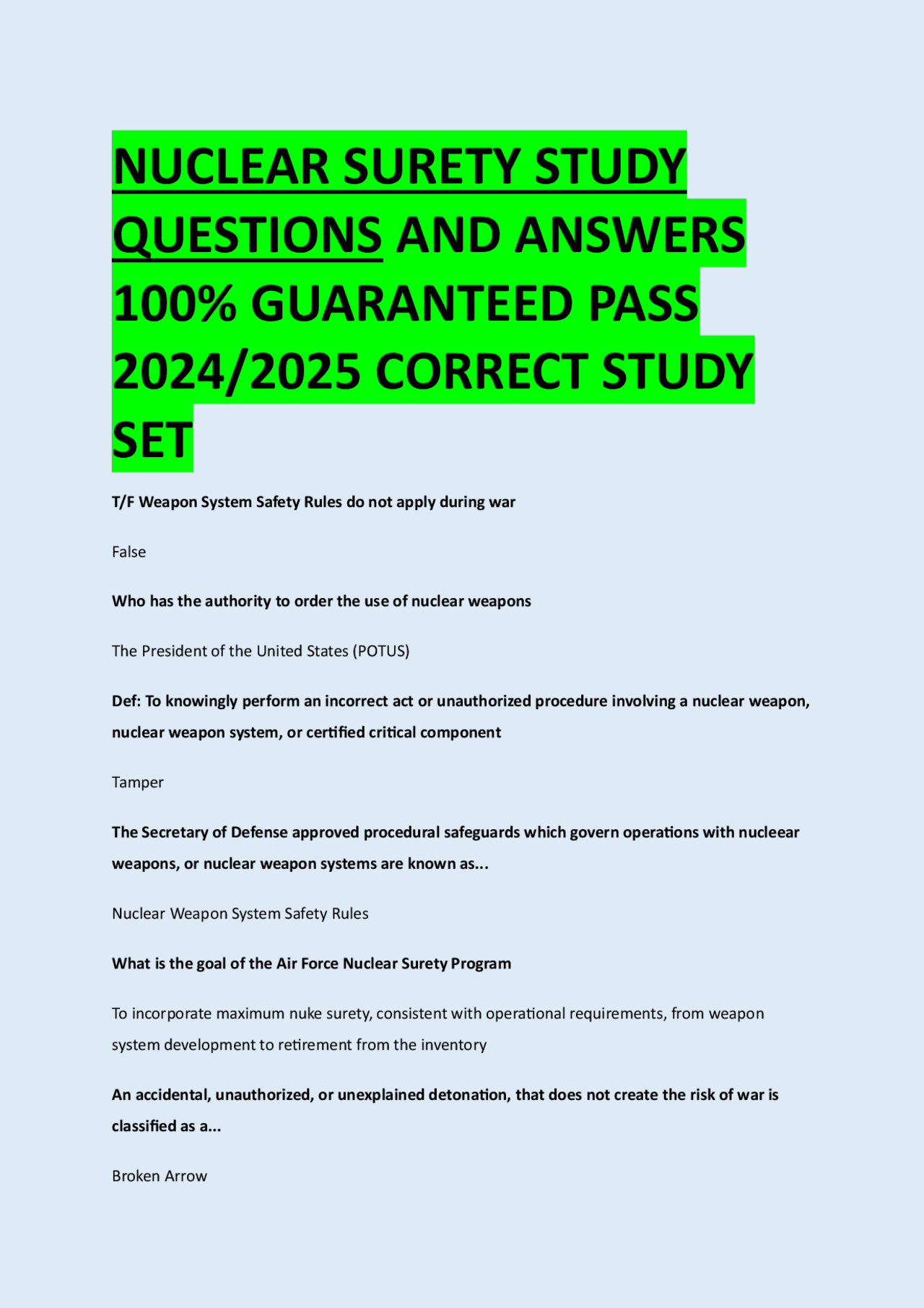 NUCLEAR SURETY STUDY QUESTIONS AND ANSWERS 100% GUARANTEED PASS 2024/ ...