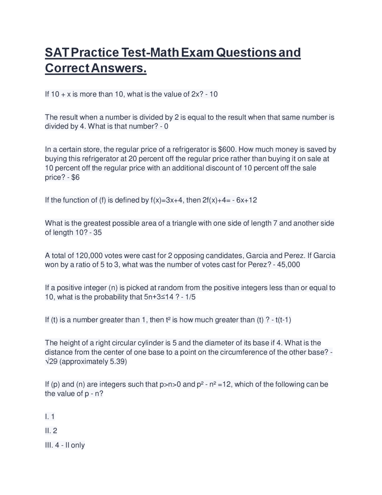 SAT Practice Test-Math Exam Questions and Correct Answers. | Exams ...