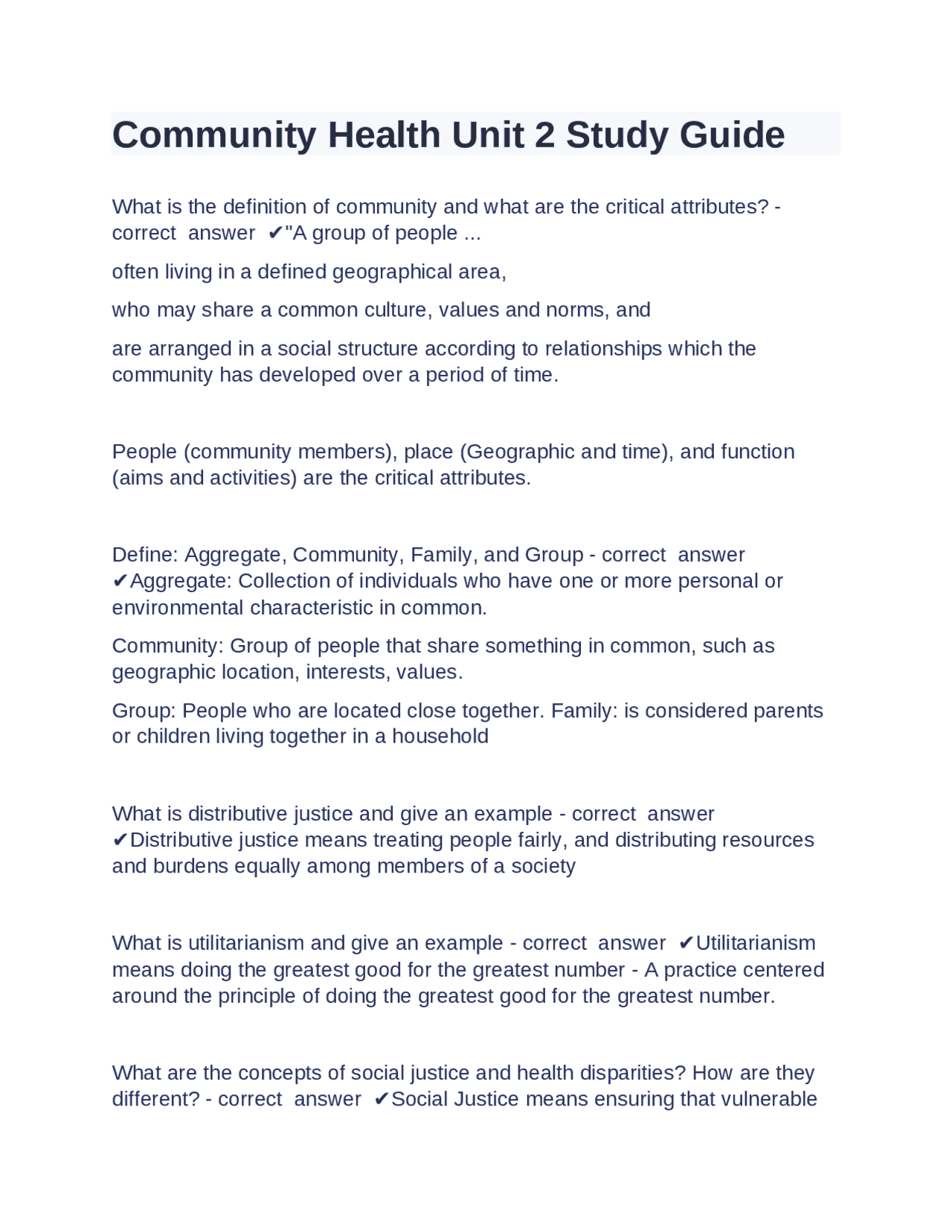 Community Health Unit 2 Study Guide Question and answers correctly ...