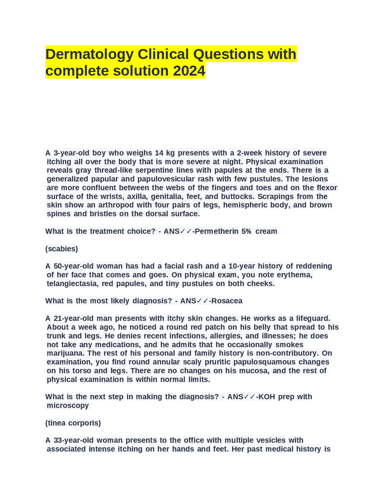 Dermatology Clinical Questions with complete solution 2024 | Exams ...