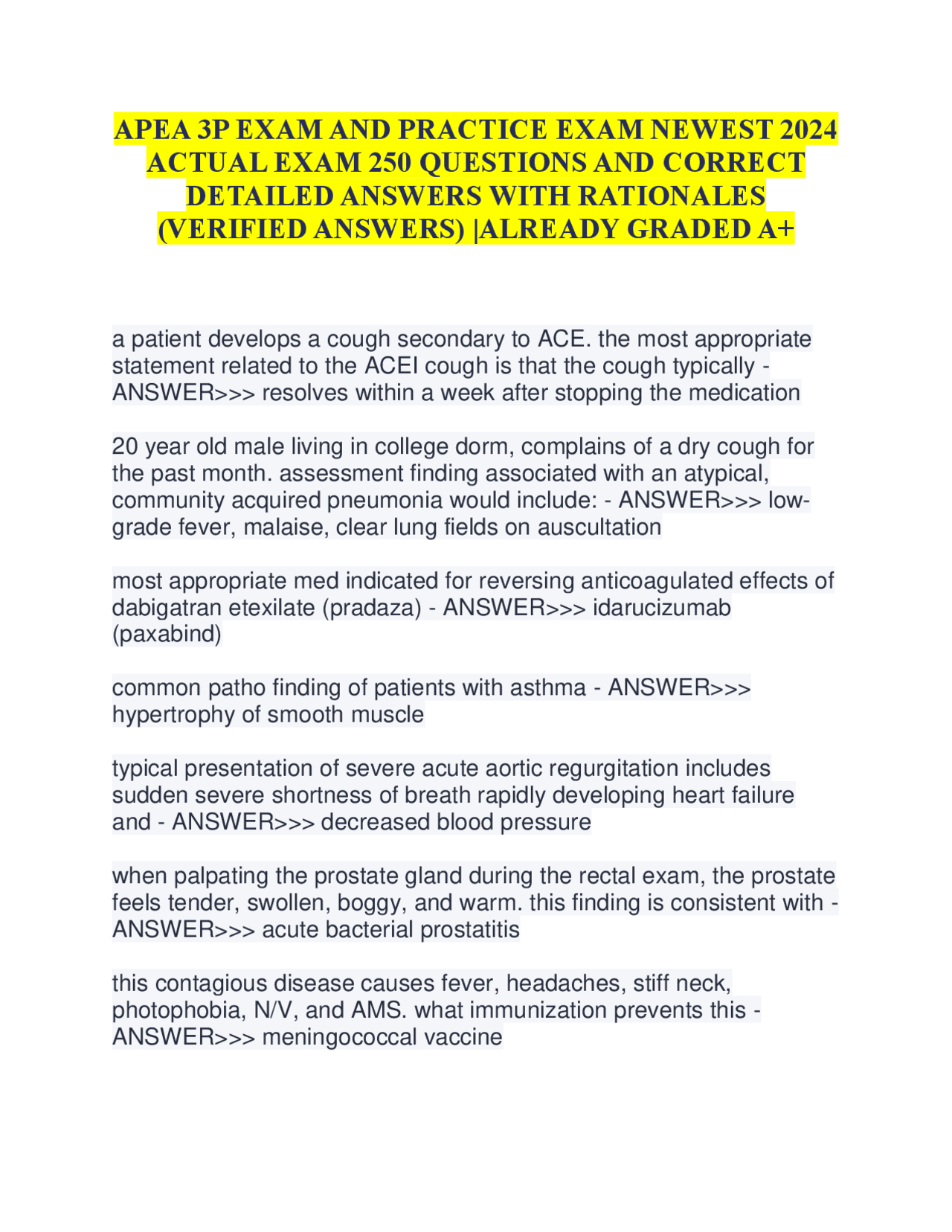 APEA 3P EXAM QUESTIONS AND ANSWERS. | Exams Nursing | Docsity