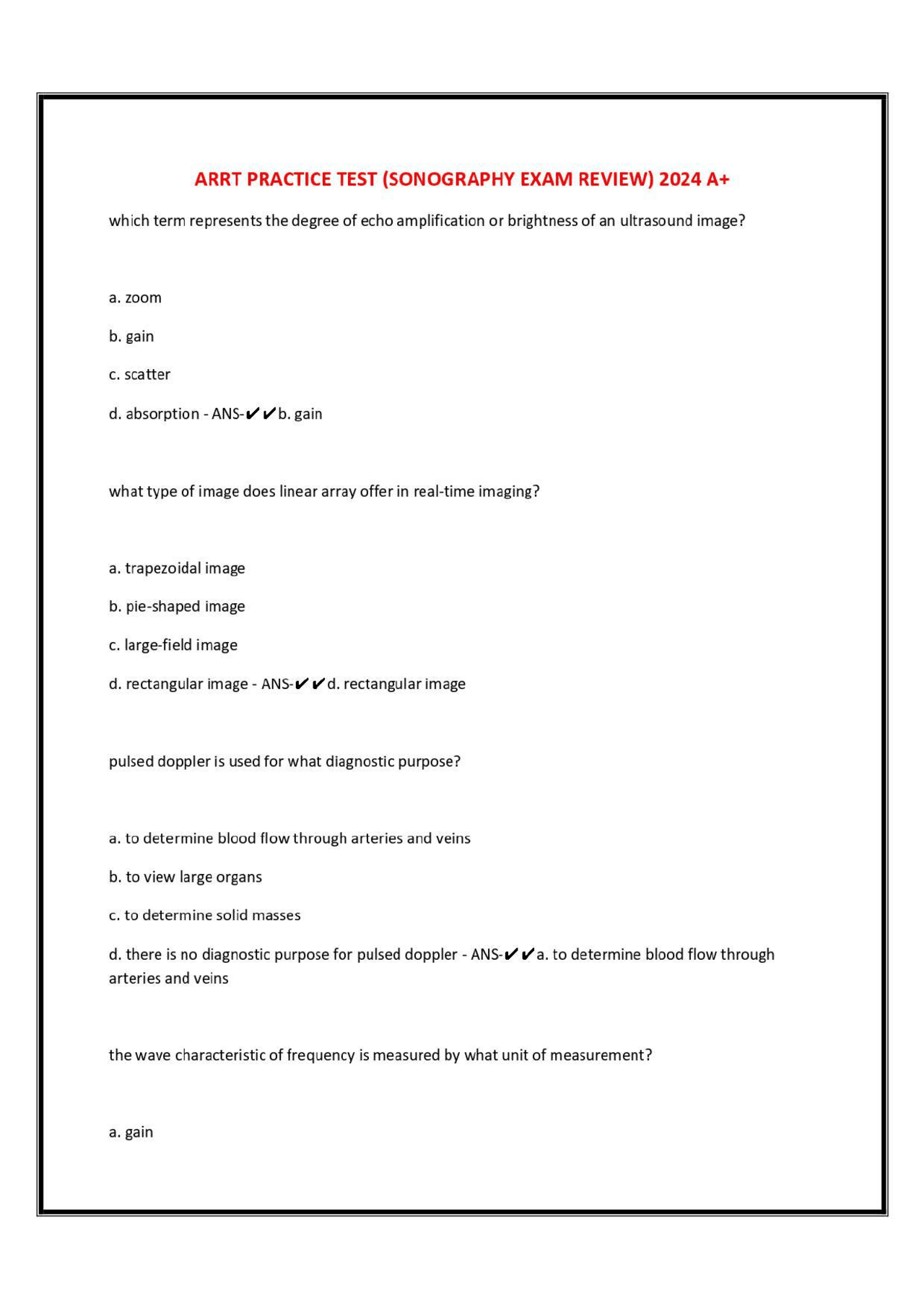 ARRT PRACTICE TEST (SONOGRAPHY EXAM REVIEW) 2024 A+ | Exams Radiology ...