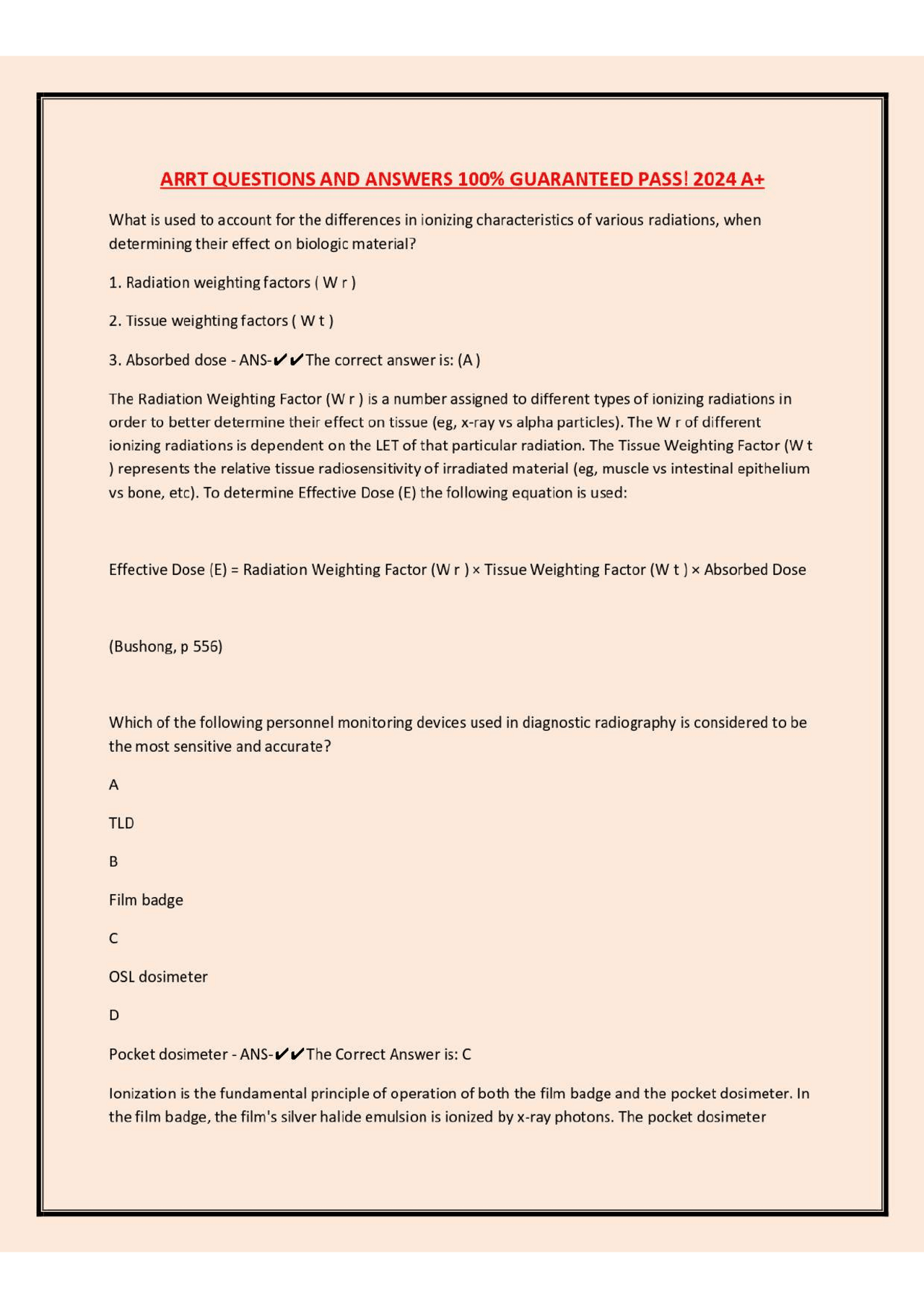 ARRT QUESTIONS AND ANSWERS 100% GUARANTEED PASS! 2024 A+ | Exams ...