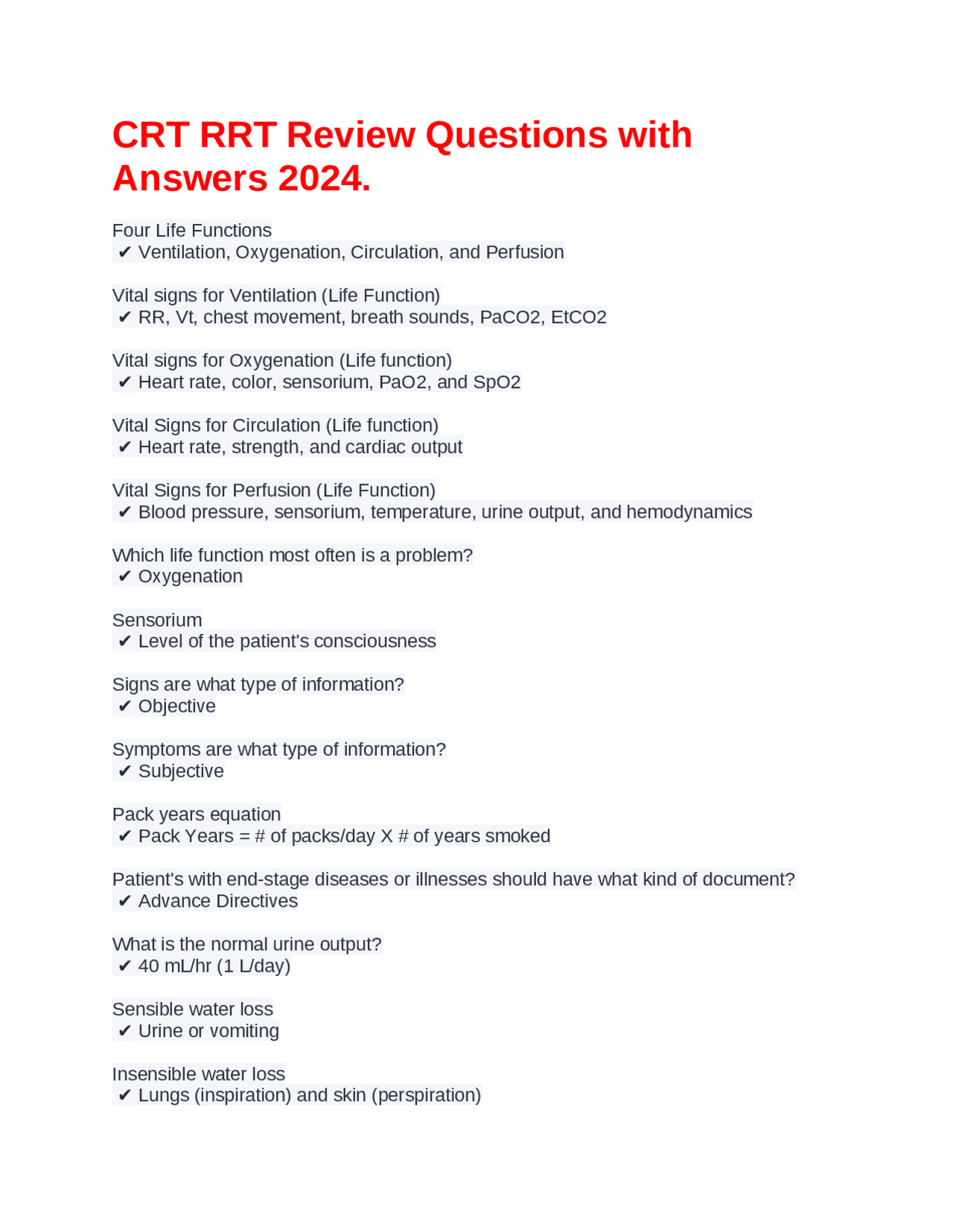 CRT RRT Review Questions with Answers 2024. | Exams Medicine | Docsity