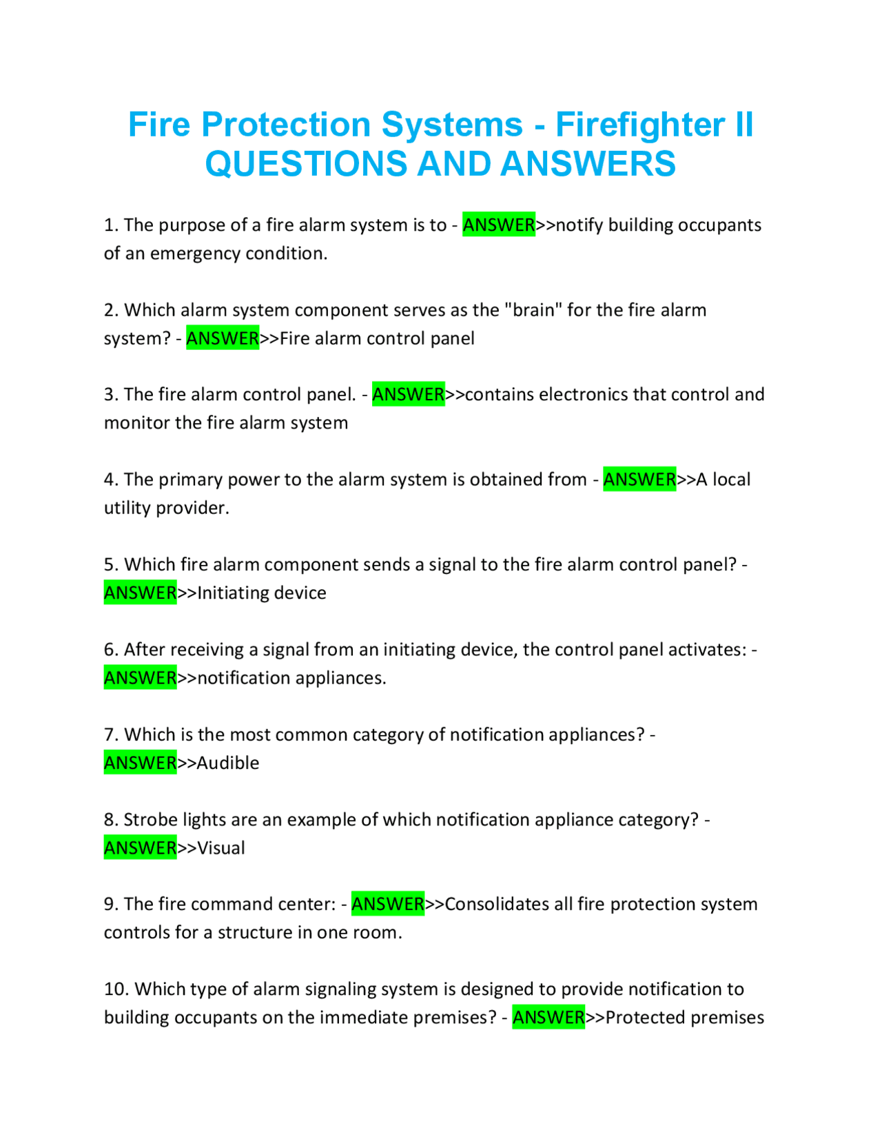 Fire Protection Systems - Firefighter II QUESTIONS AND ANSWERS | Exams ...