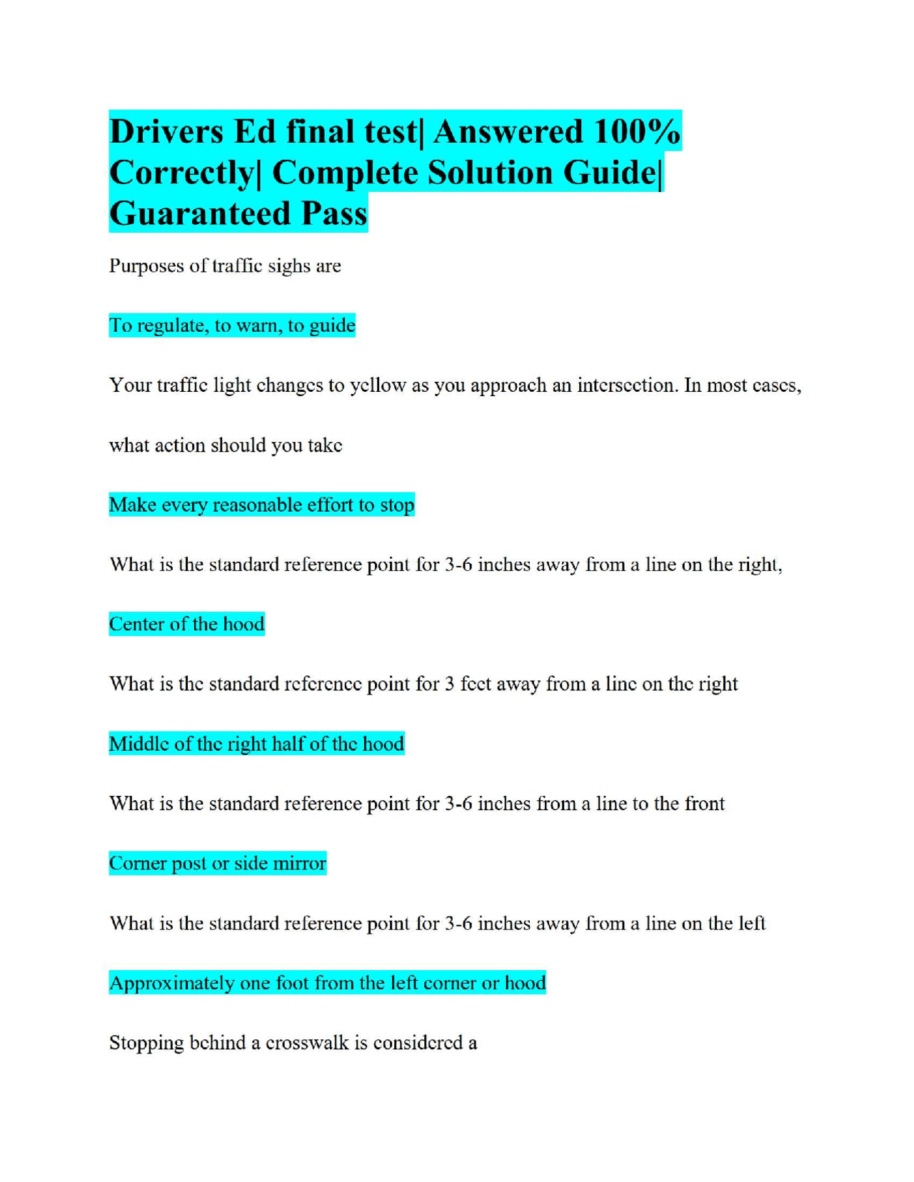 Drivers Ed final test| Answered 100% Correctly| Complete Solution Guide ...