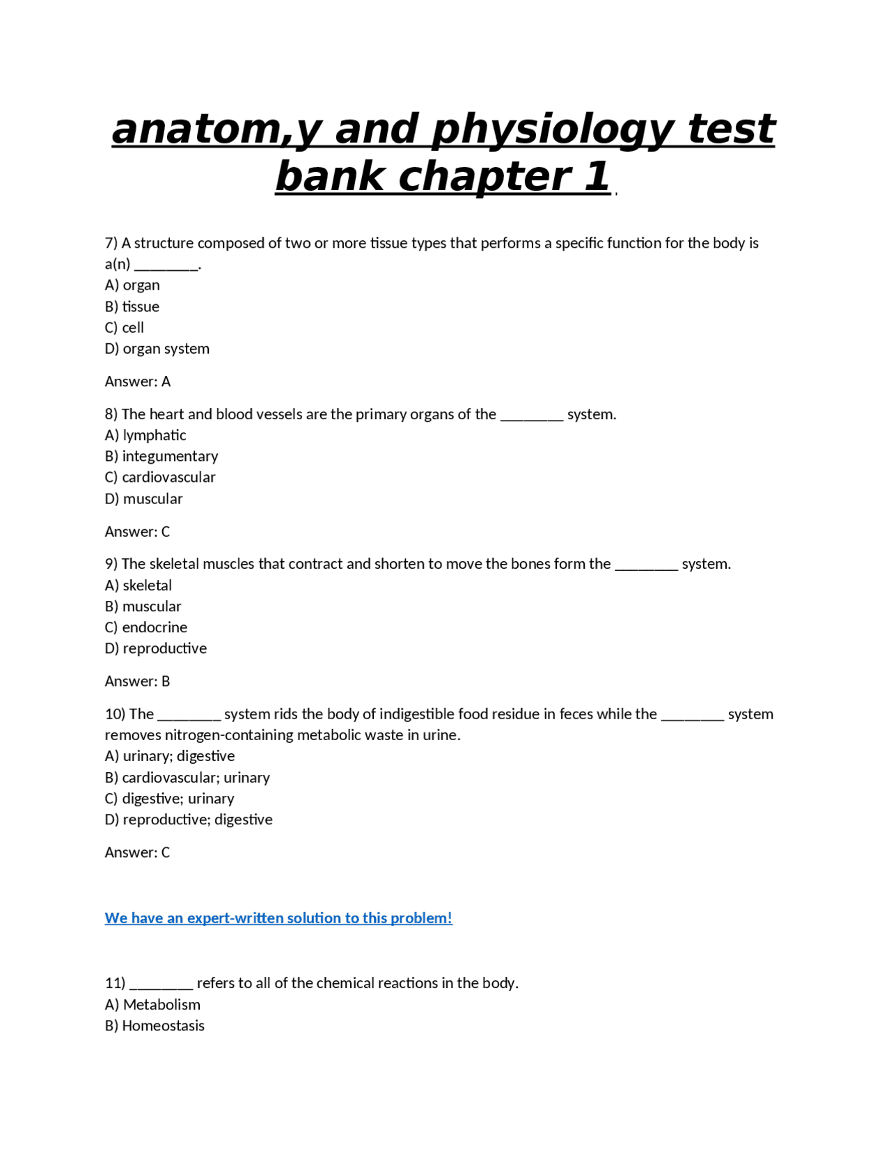 anatom,y and physiology test bank chapter 1 | Exams Advanced Education ...