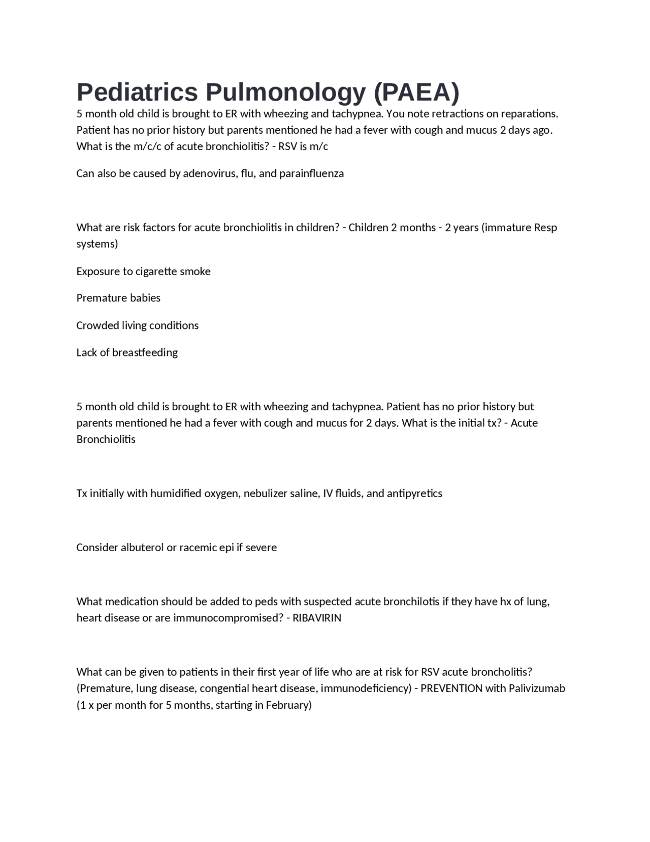 Pediatrics Pulmonology (PAEA) | Exams Pediatrics | Docsity